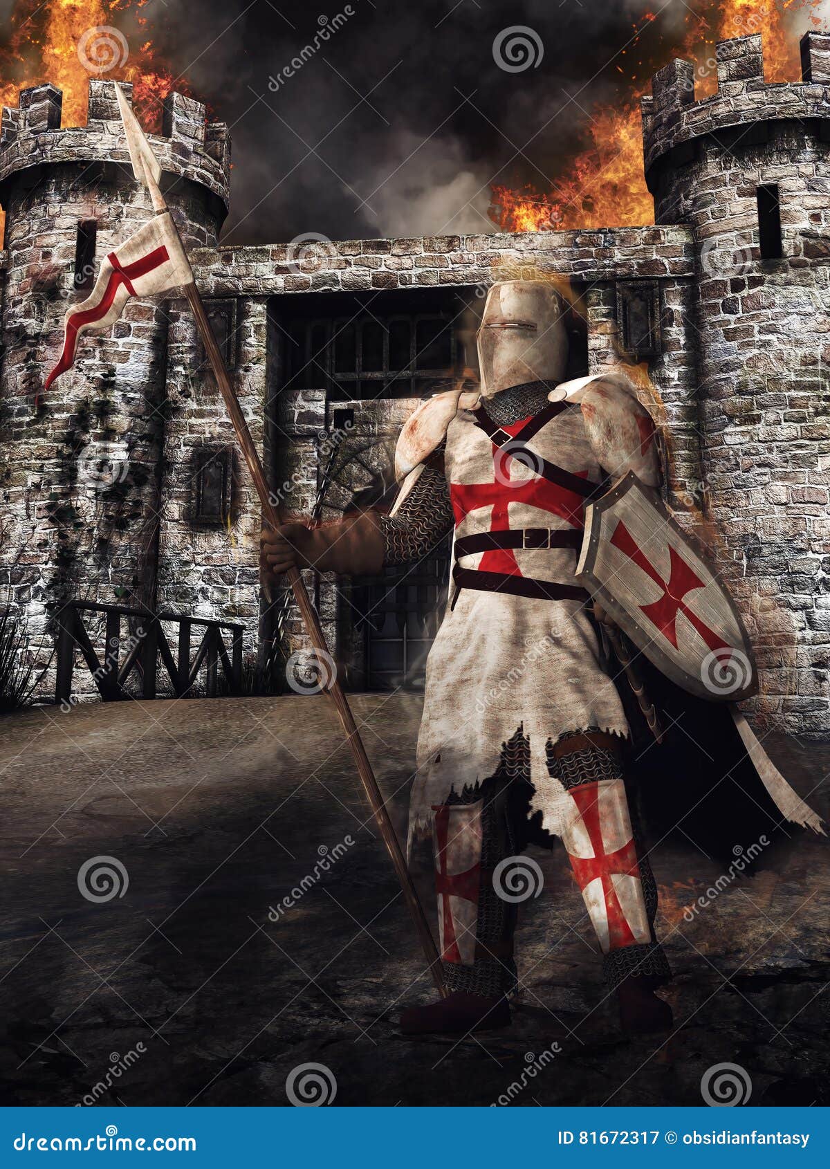 Medieval knight and castle stock illustration. Illustration of burning ...