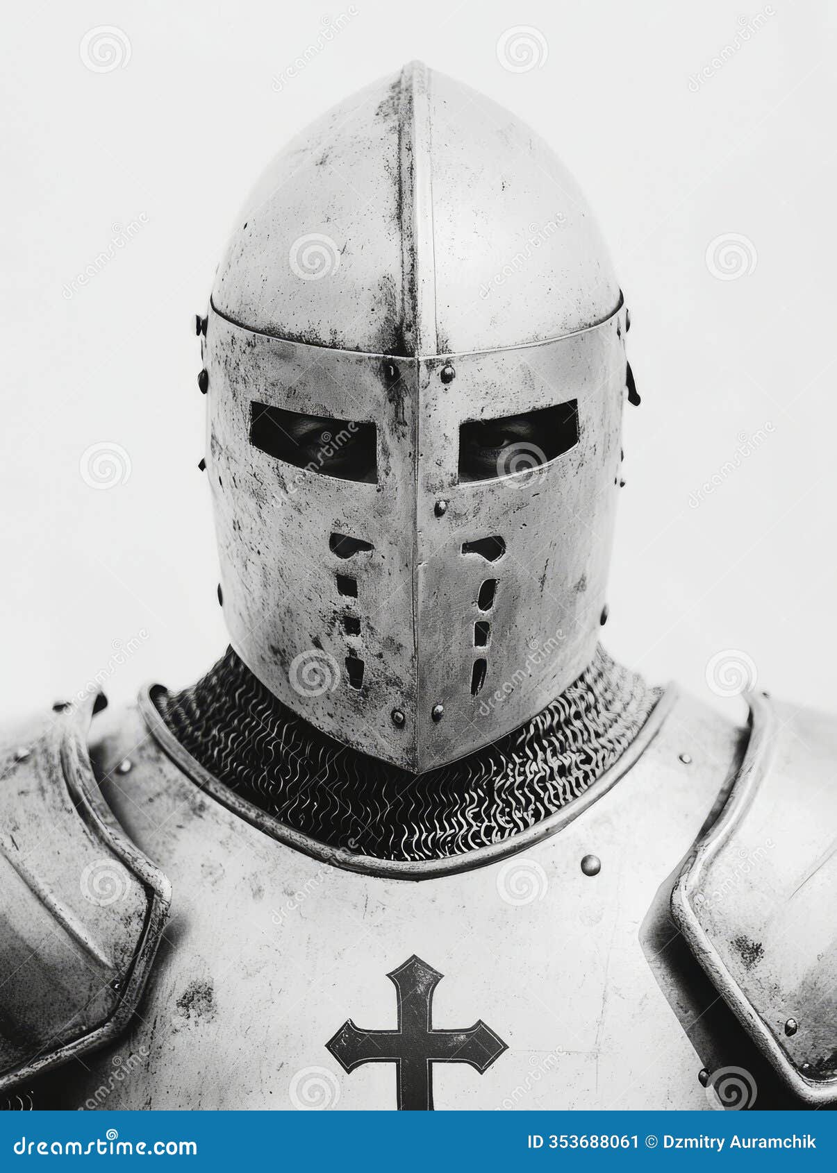 A Medieval Knight, Clad in Armor and Chainmail, Donned a Helmet and ...