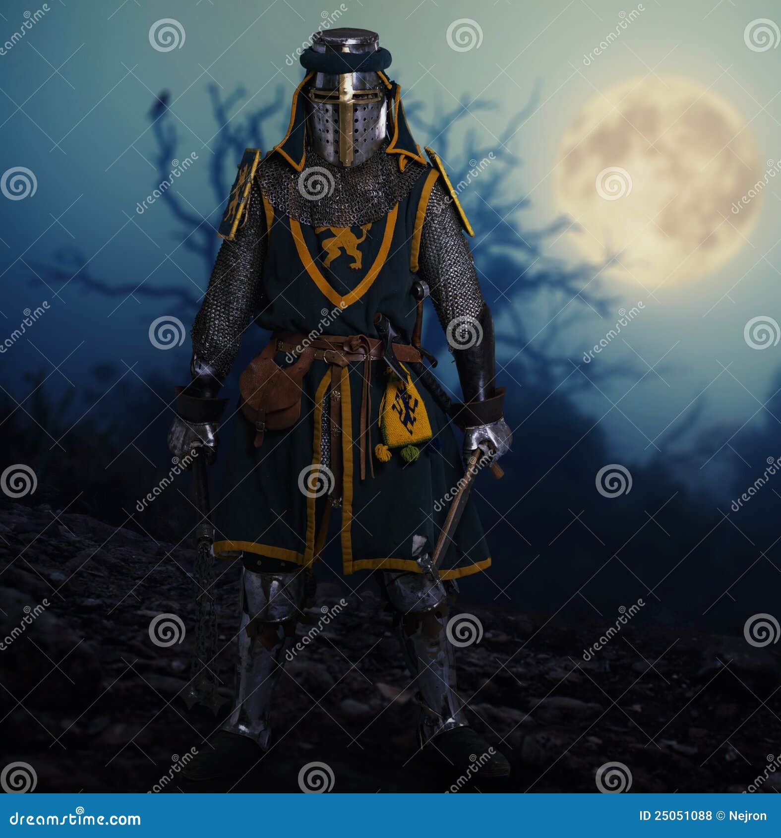 Medieval Knight in Full Armor Outdoors at Night Stock Photo - Image of ...
