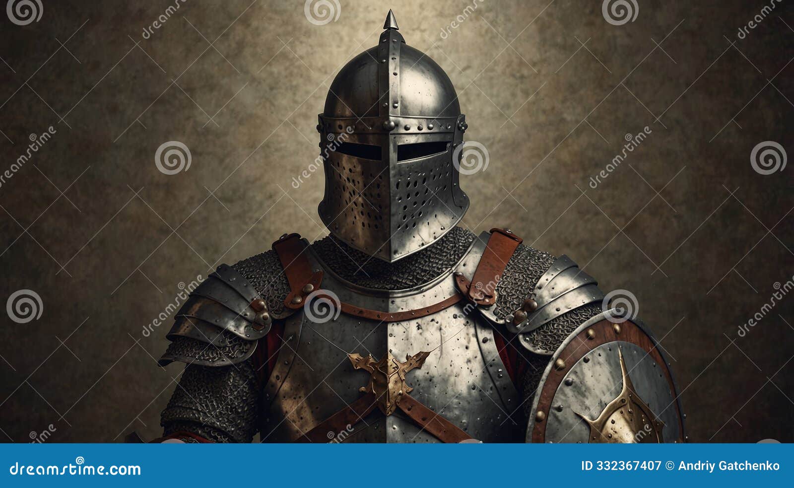 Medieval Knight in Full Plate Armor with Helmet and Shield in Dimly Lit ...