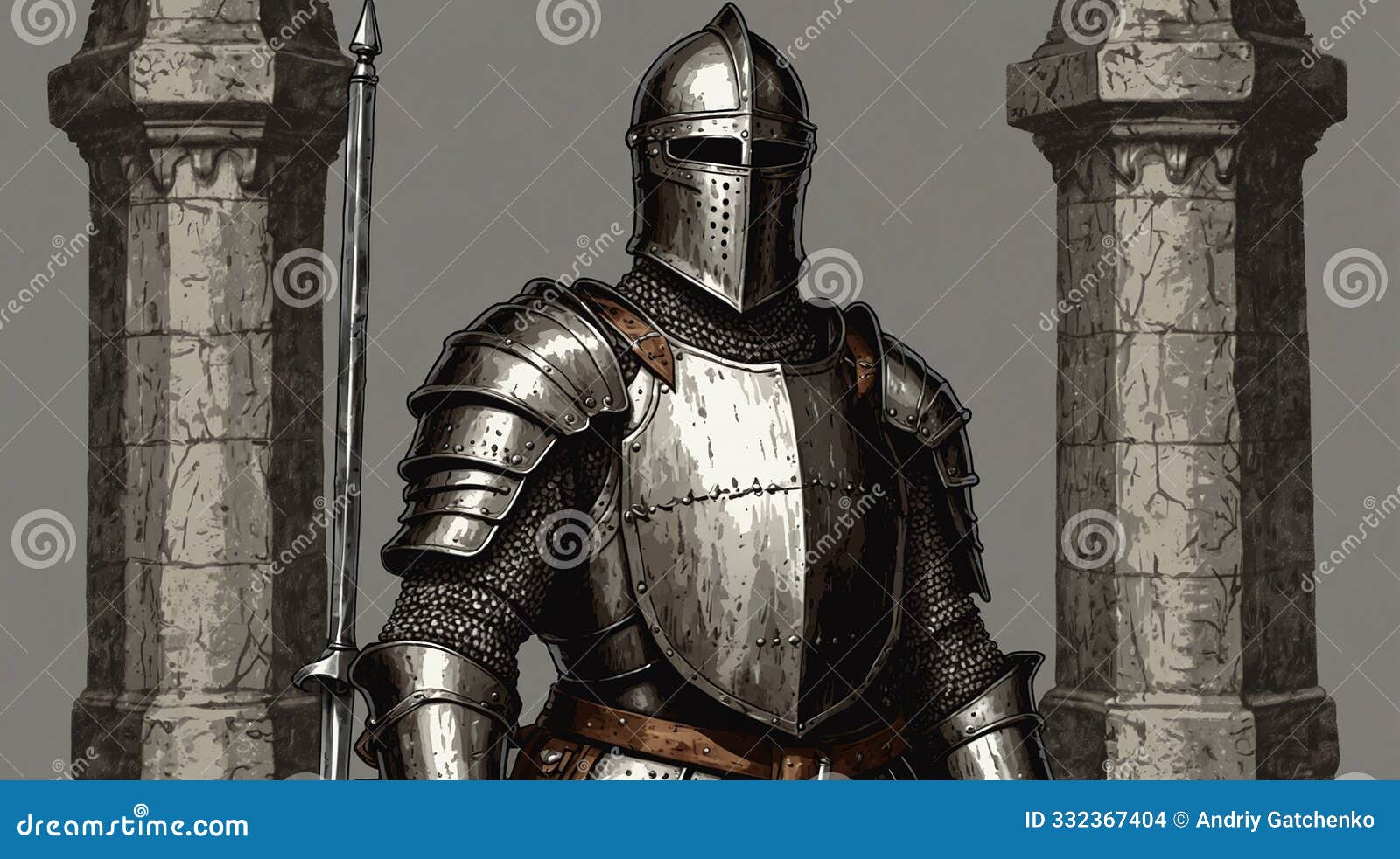 Medieval Knight in Full Plate Armor Standing Guard in Front of Stone ...
