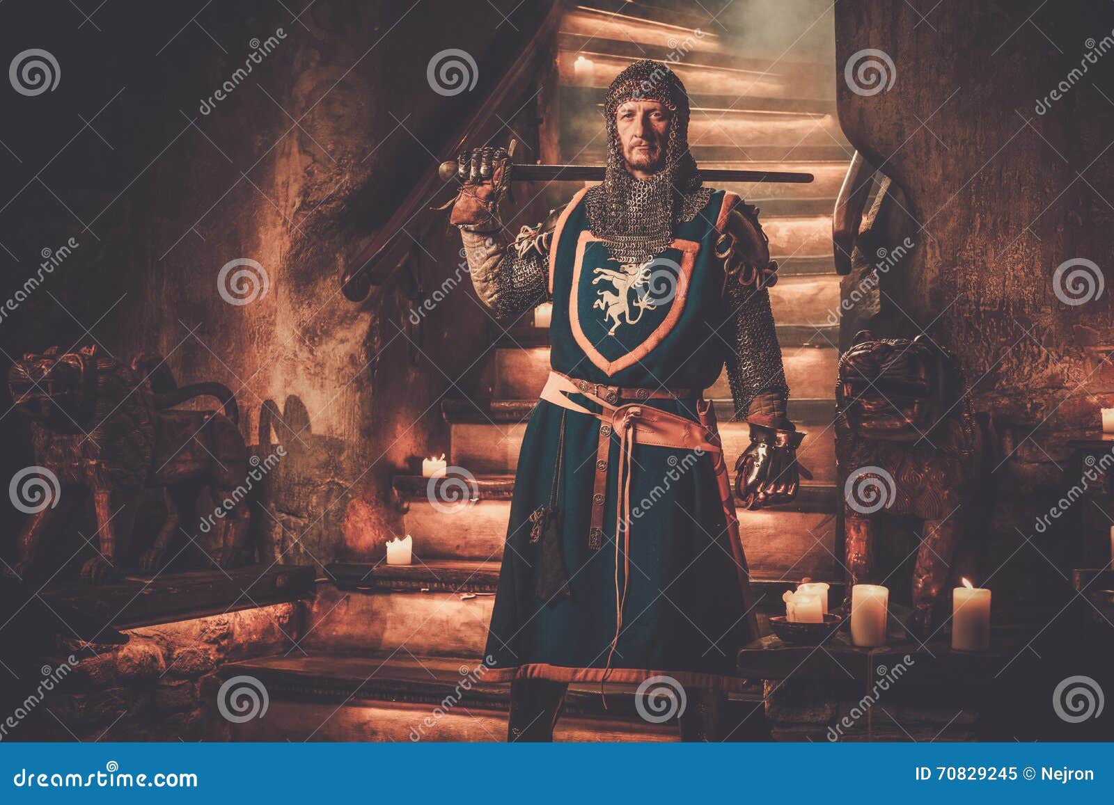 Medieval Knight on Guard in Ancient Castle Interior. Stock Image ...