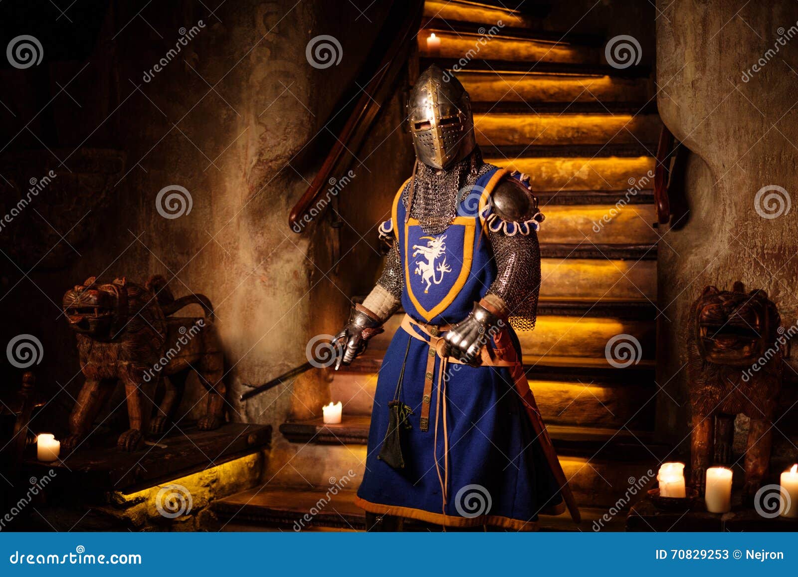 Medieval Knight on Guard in Ancient Castle Interior. Stock Image ...