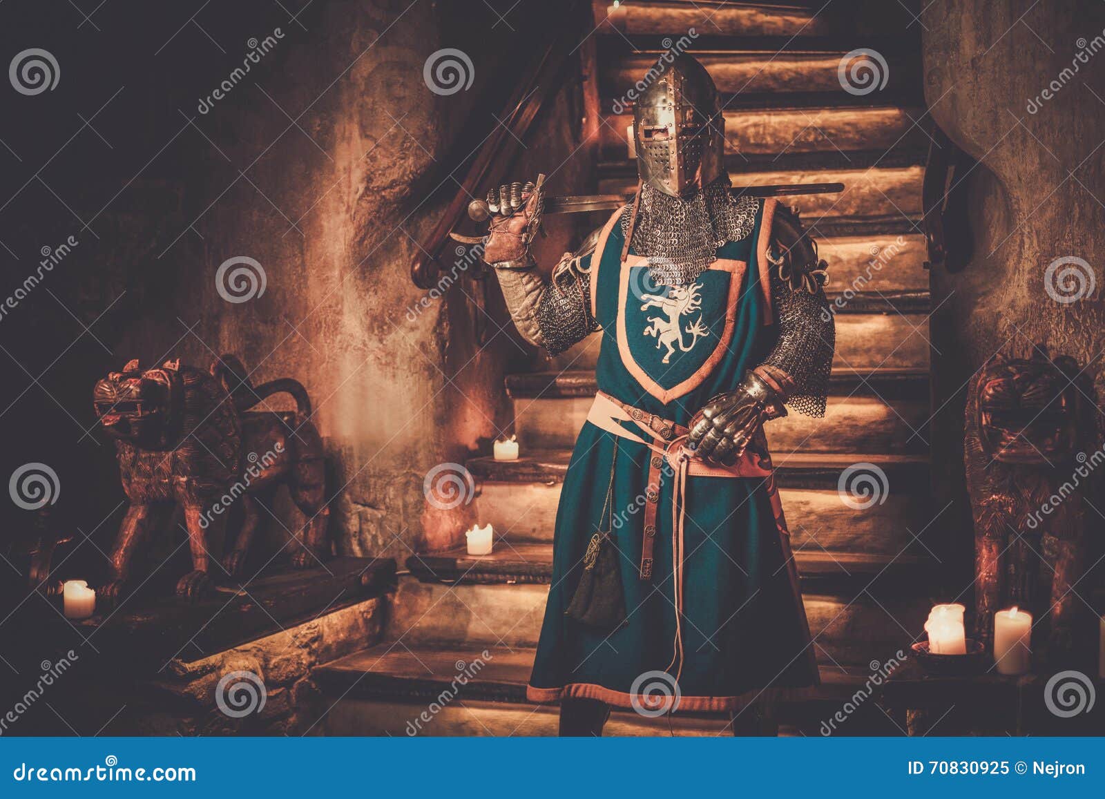 Medieval Knight on Guard in Ancient Castle Interior. Stock Image ...