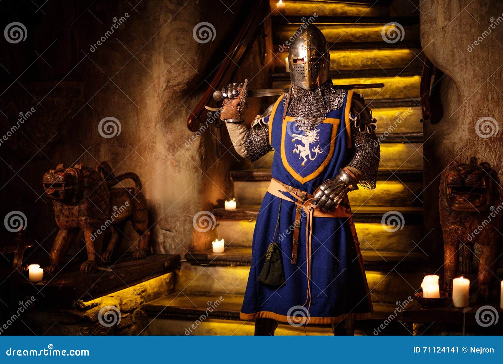 Medieval Knight on Guard in Ancient Castle Interior. Stock Image ...