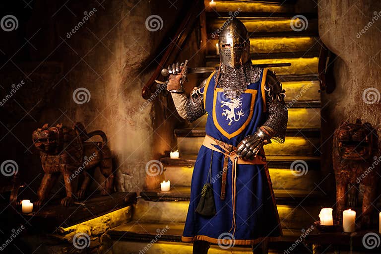 Medieval Knight on Guard in Ancient Castle Interior. Stock Image ...