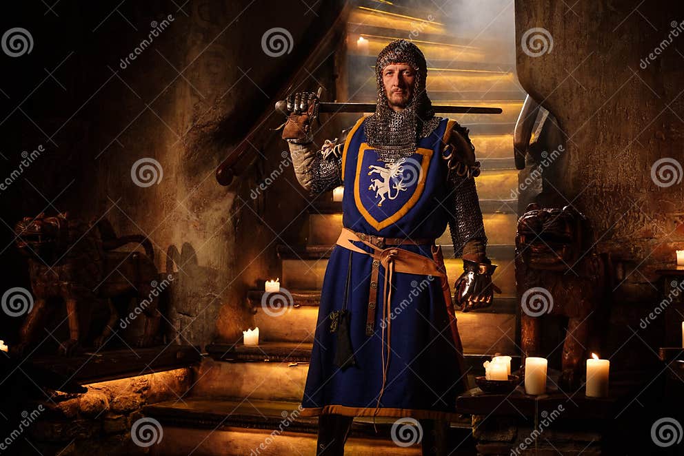 Medieval Knight on Guard in Castle Interior. Stock Image - Image of ...