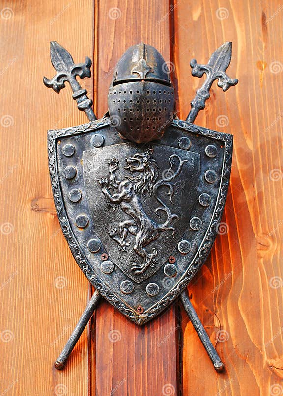 Medieval Knight Helmet and Shield Stock Photo - Image of spears, lion ...