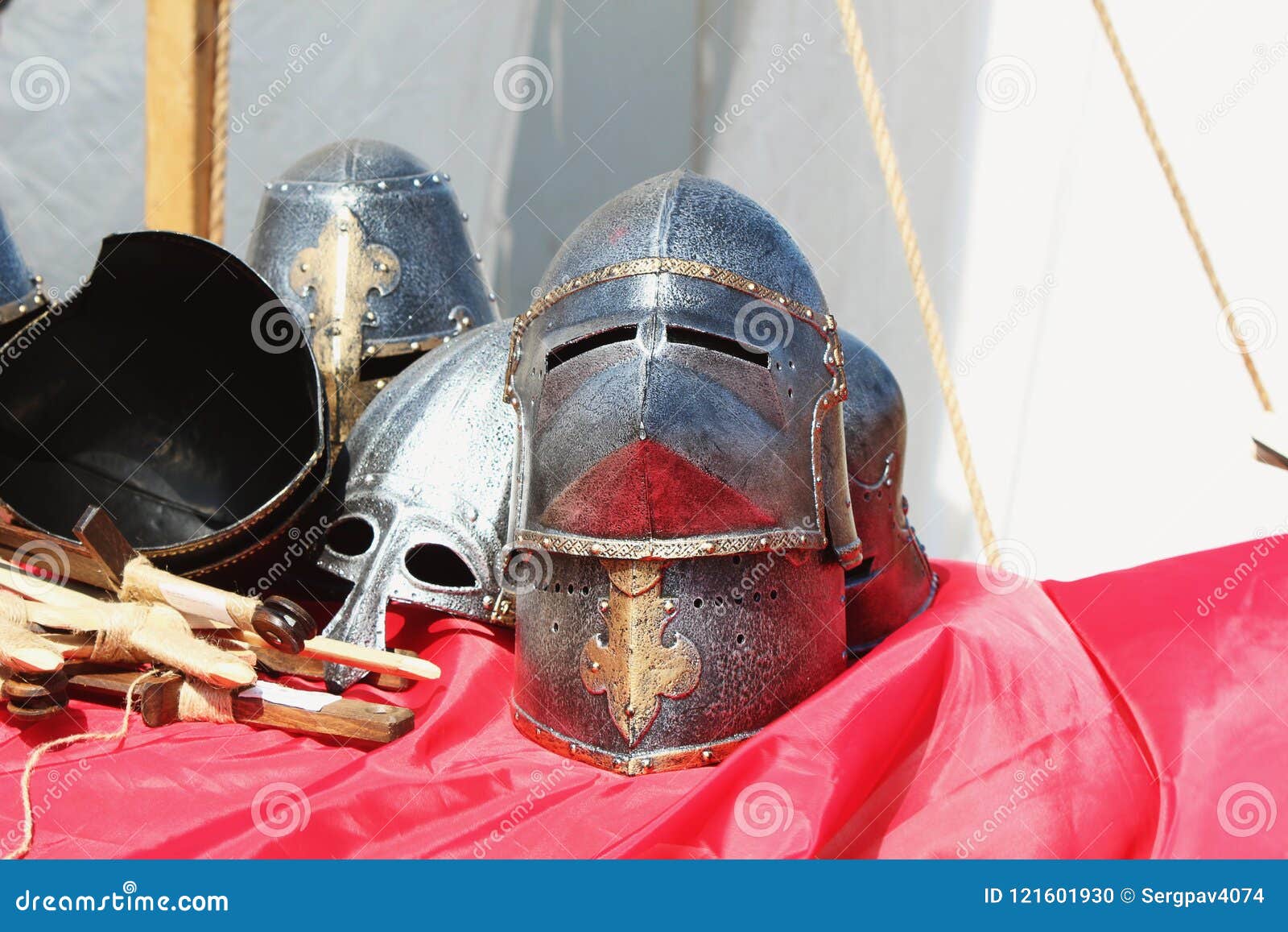 Medieval Knight Helmets On The Table Stock Photography | CartoonDealer ...