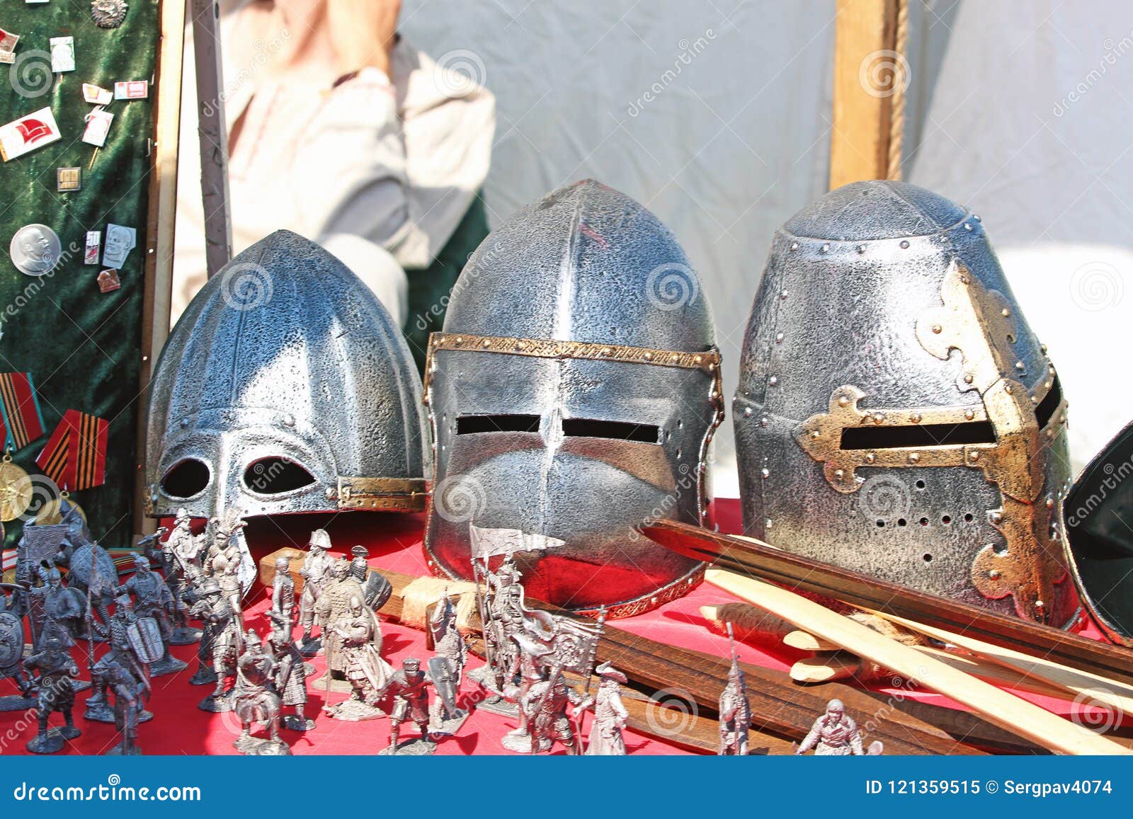 Medieval Knight Helmets on the Table Stock Image - Image of heavy ...