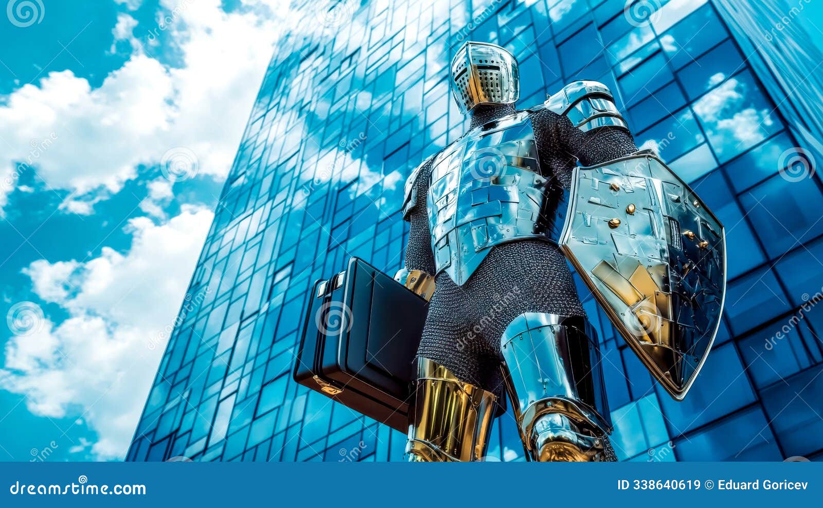 Medieval Knight Holding Shield and Briefcase in Front of Office ...