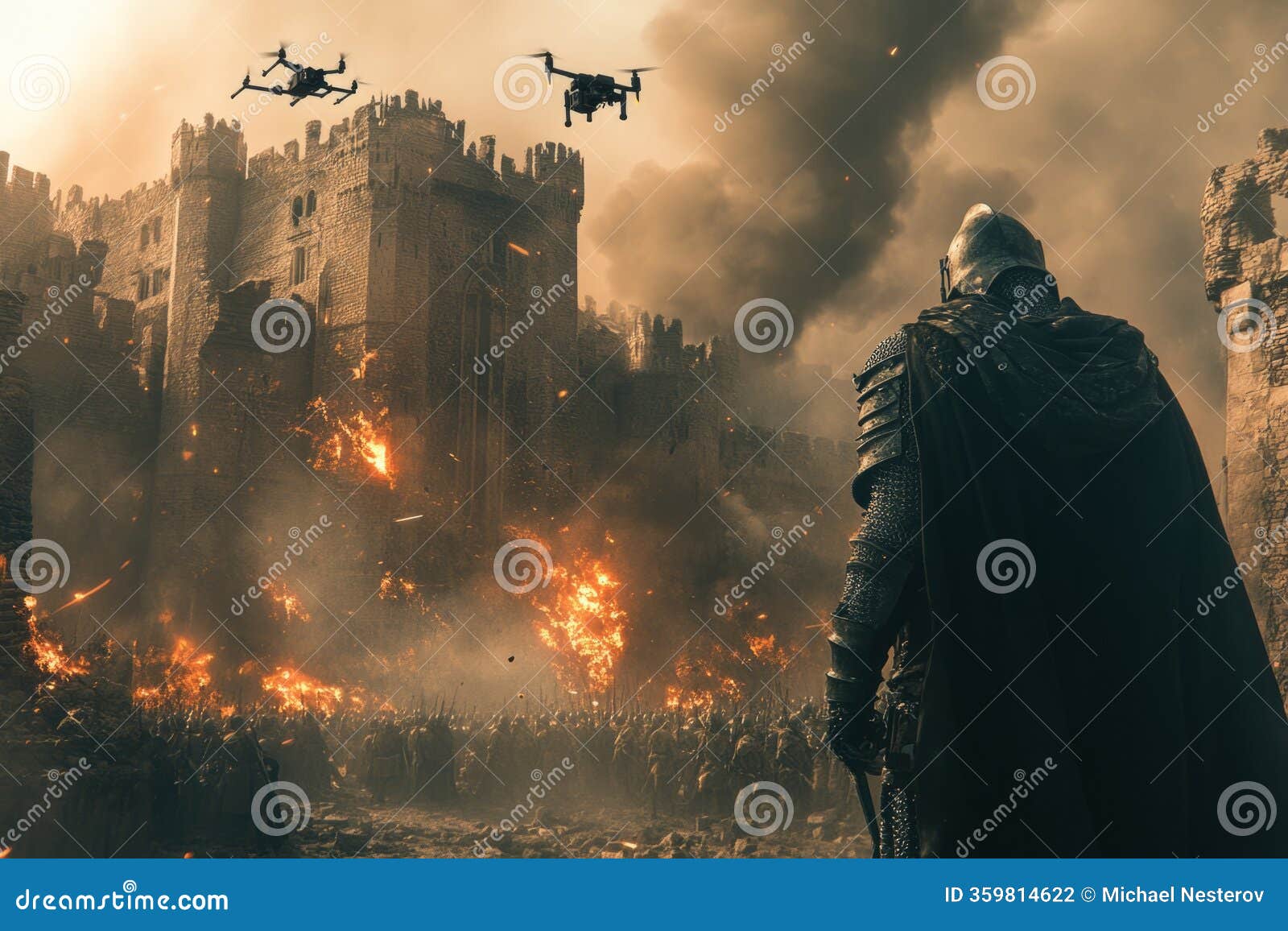 Medieval Knight Observing Burning Castle and Army with Drones Overhead ...