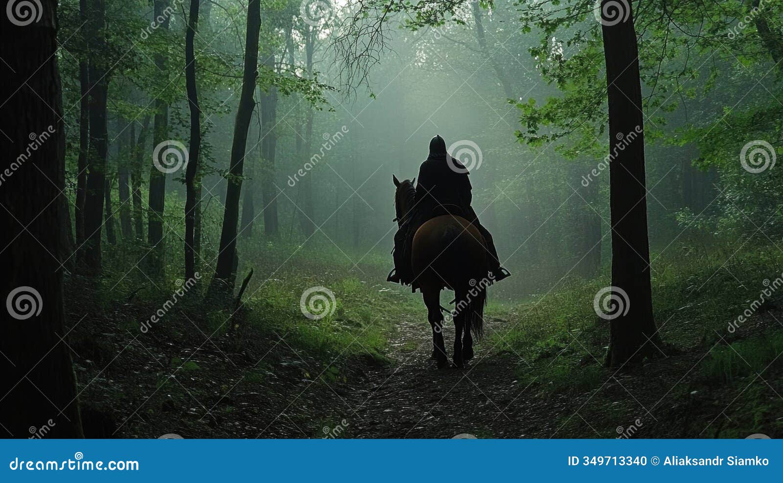 Medieval Knight Riding a Horse through a Forested Path Stock ...