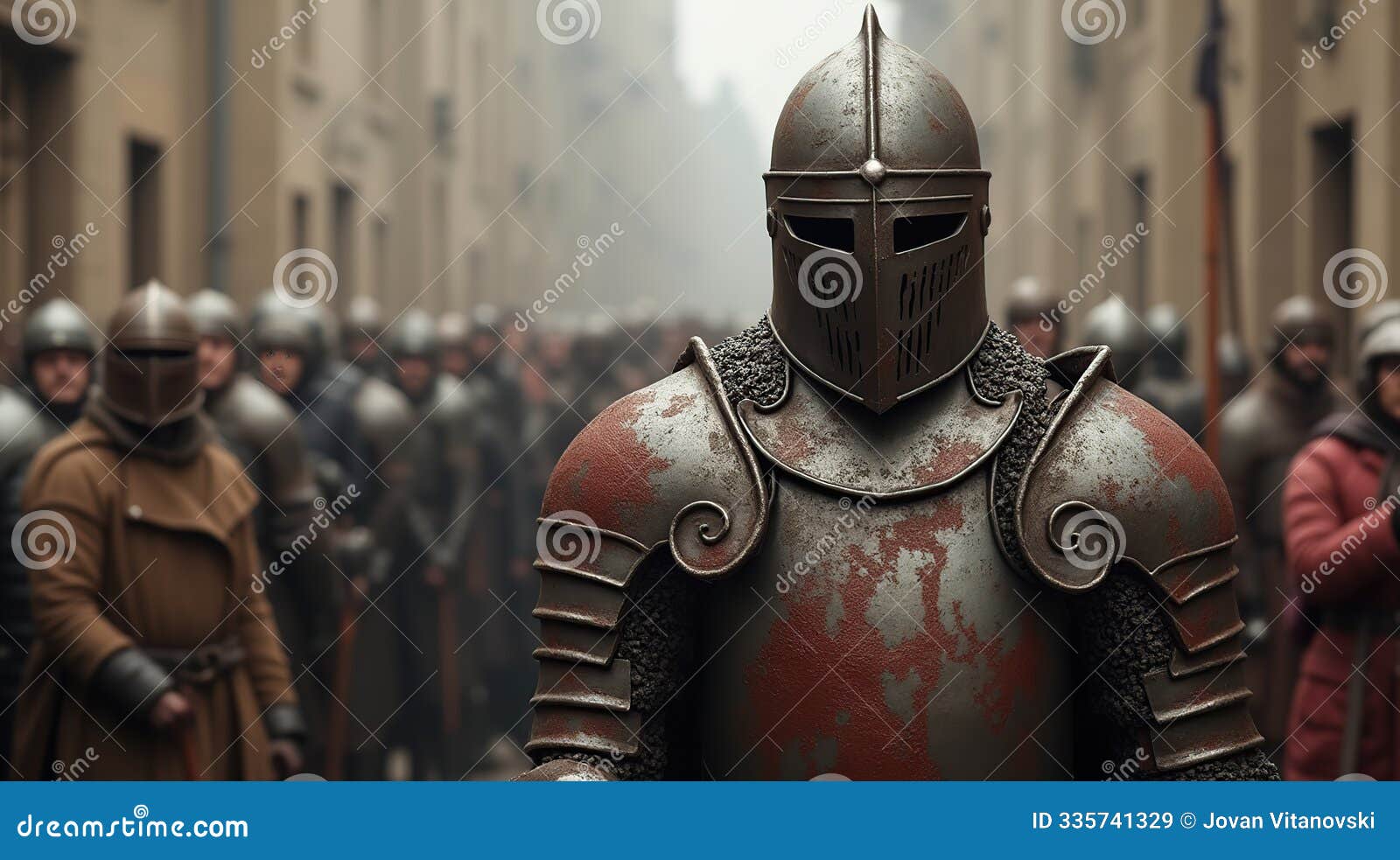 Medieval Knight in Rusty Armor Stands before a Crowd of People Stock ...
