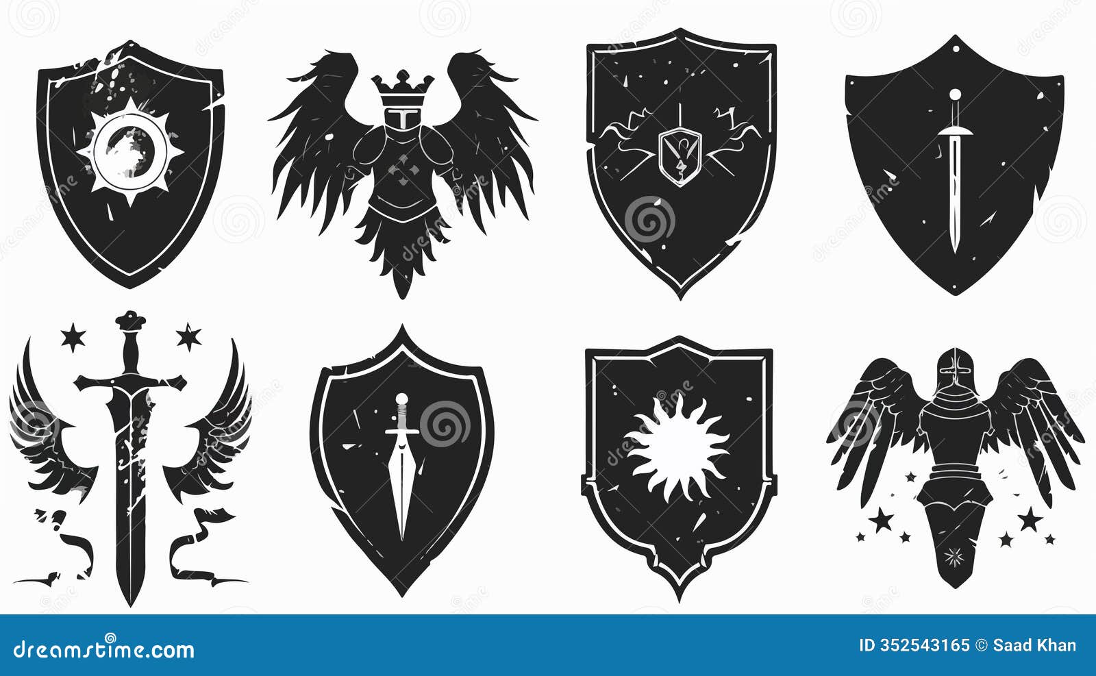 Medieval Knight Shields on White Background with Black Coat Armor Stock ...