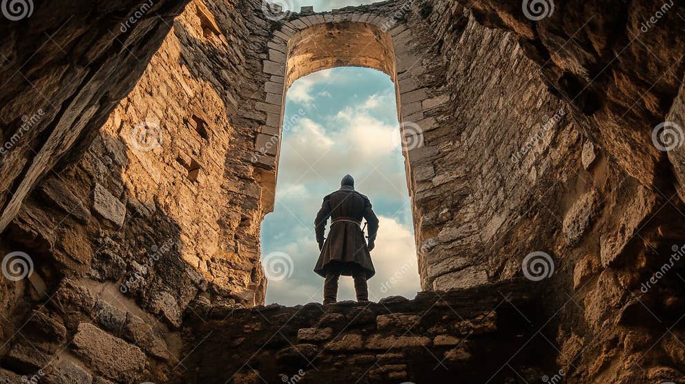 Medieval Knight Standing Guard in an Ancient Stone Tower Stock ...