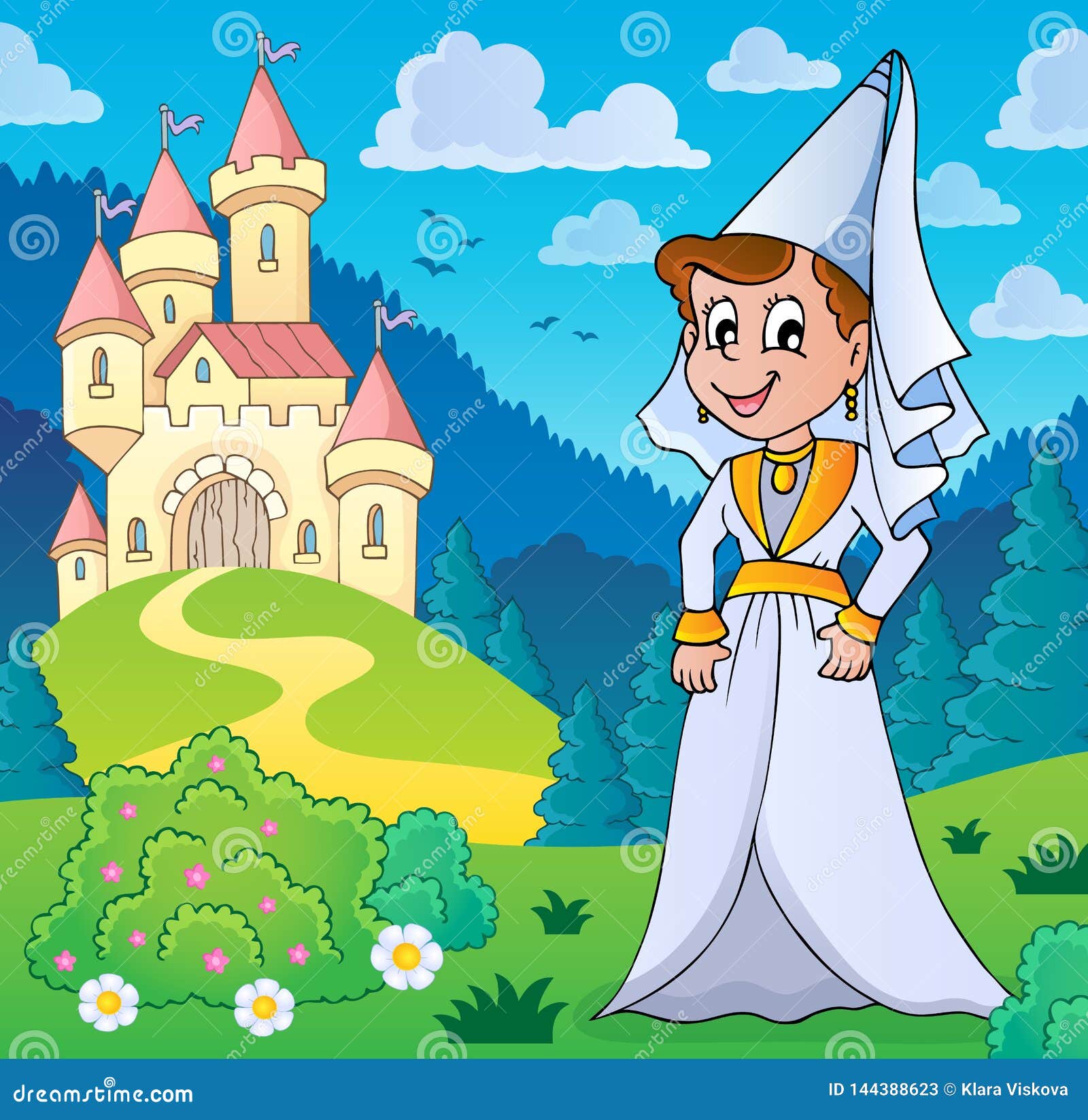 Medieval Lady Near Stylized Castle Stock Vector - Illustration of ...