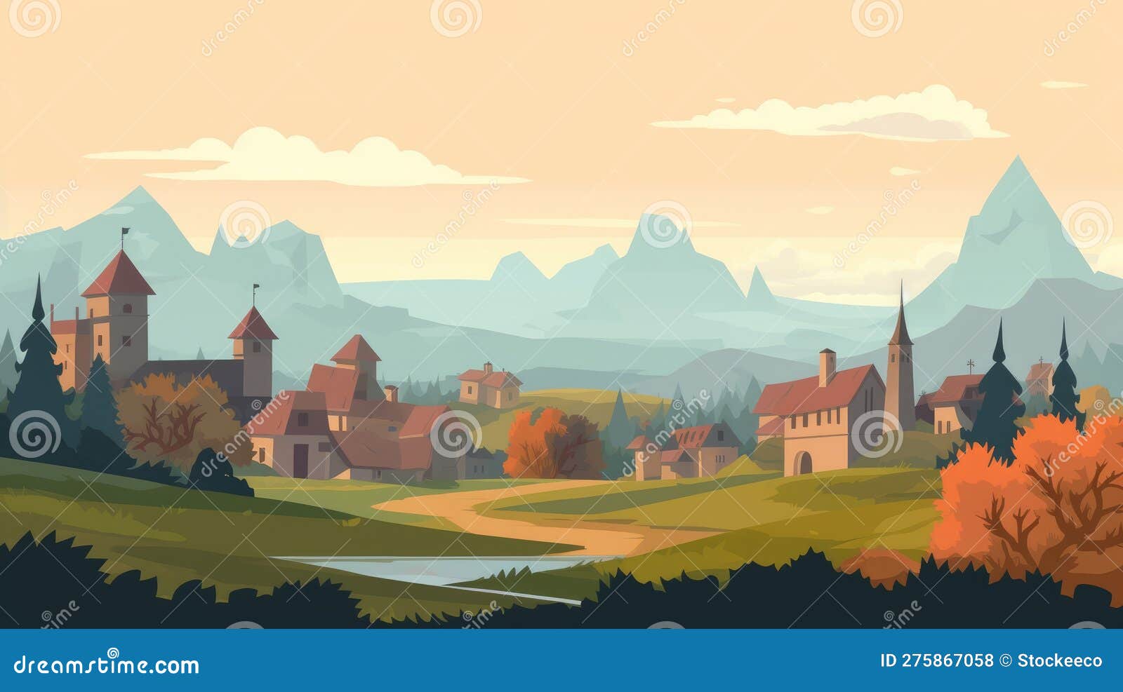 Medieval Landscape in Vector Flat Style Stock Illustration ...