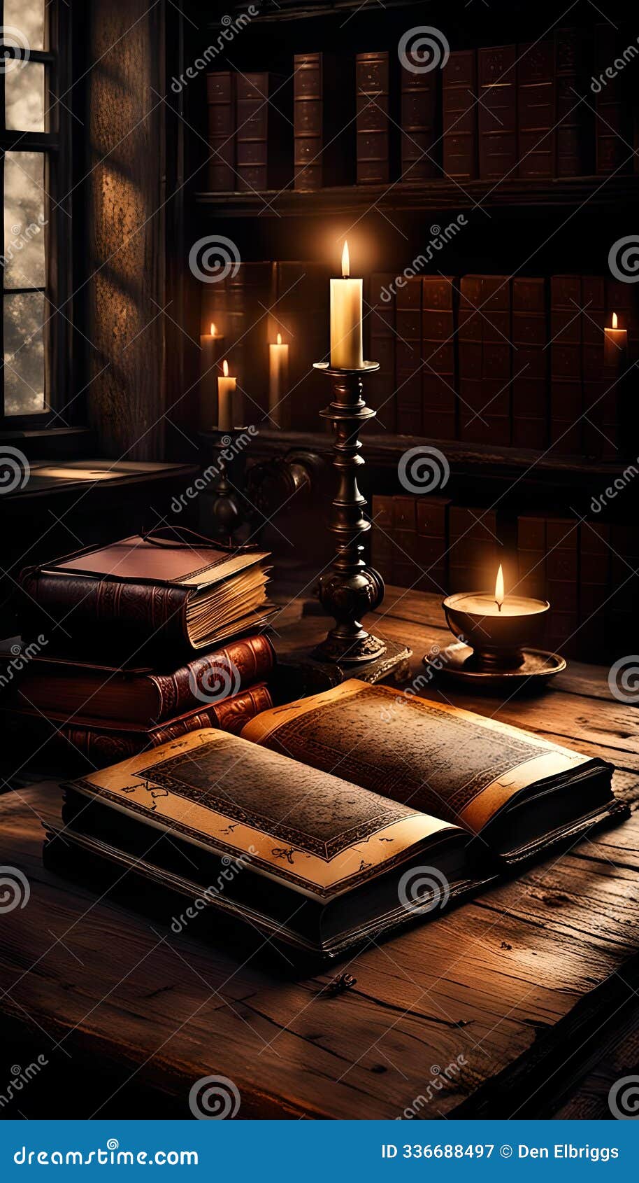 A Medieval Library with Candlelight Illuminating Ancient Books and ...