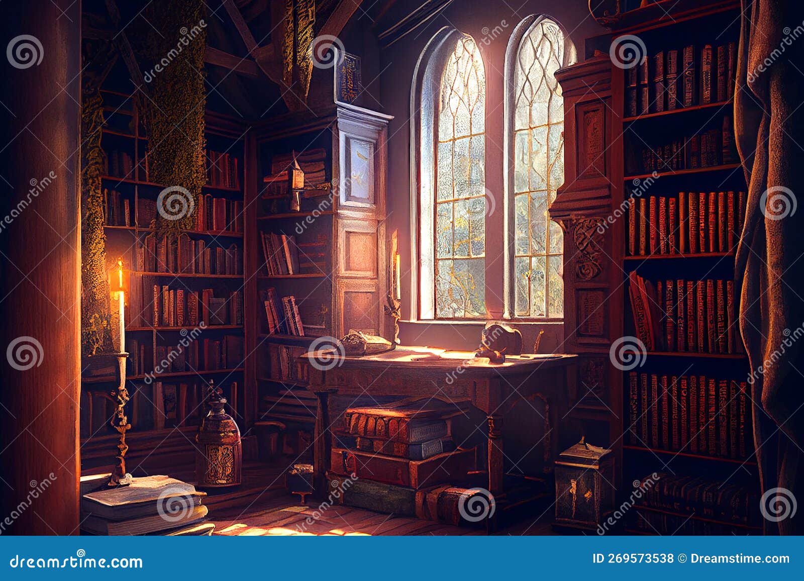 Medieval Library, Generative Ai Illustration Stock Illustration ...