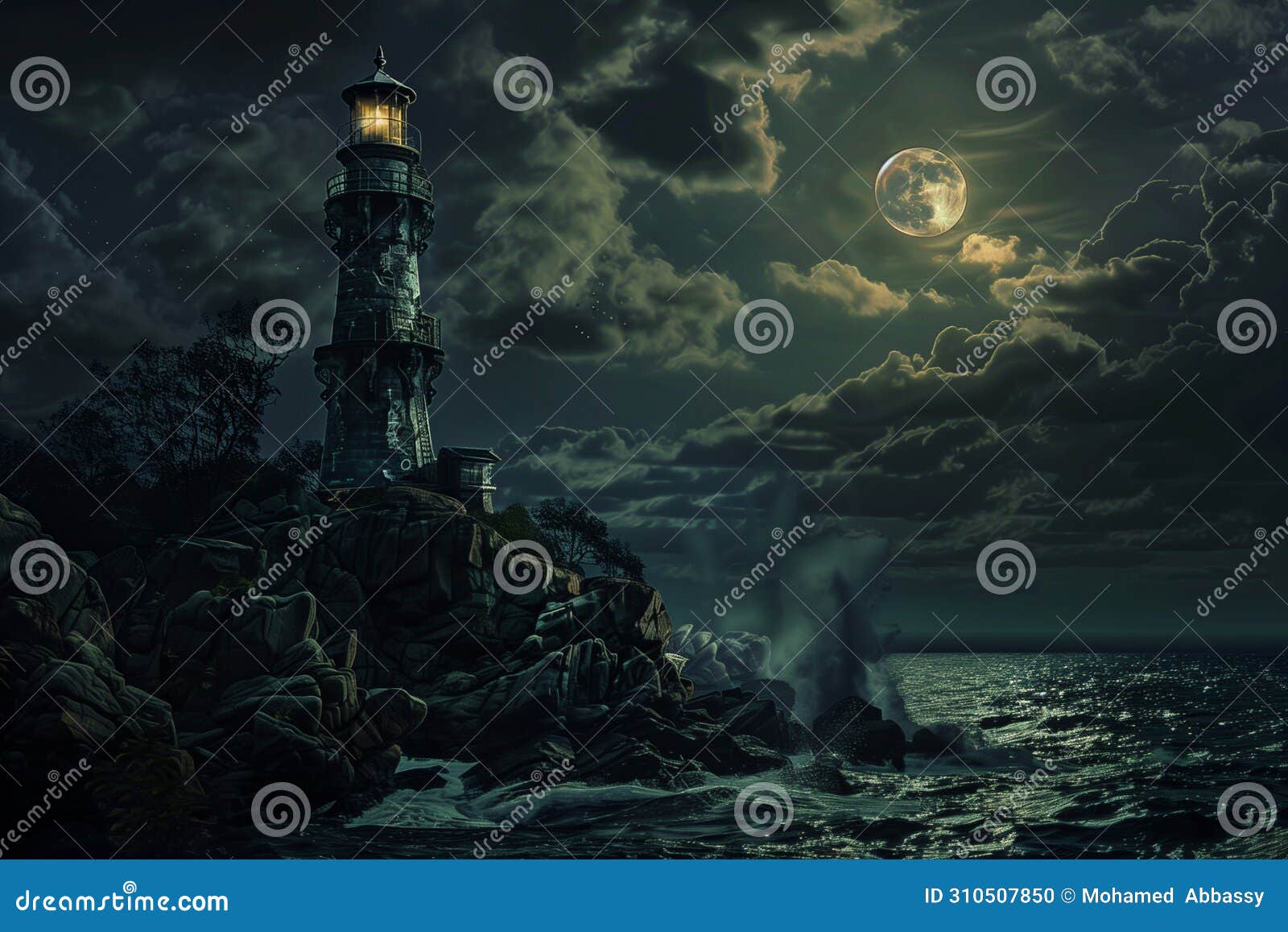 Medieval Lighthouse in the Dark Stock Illustration - Illustration of ...