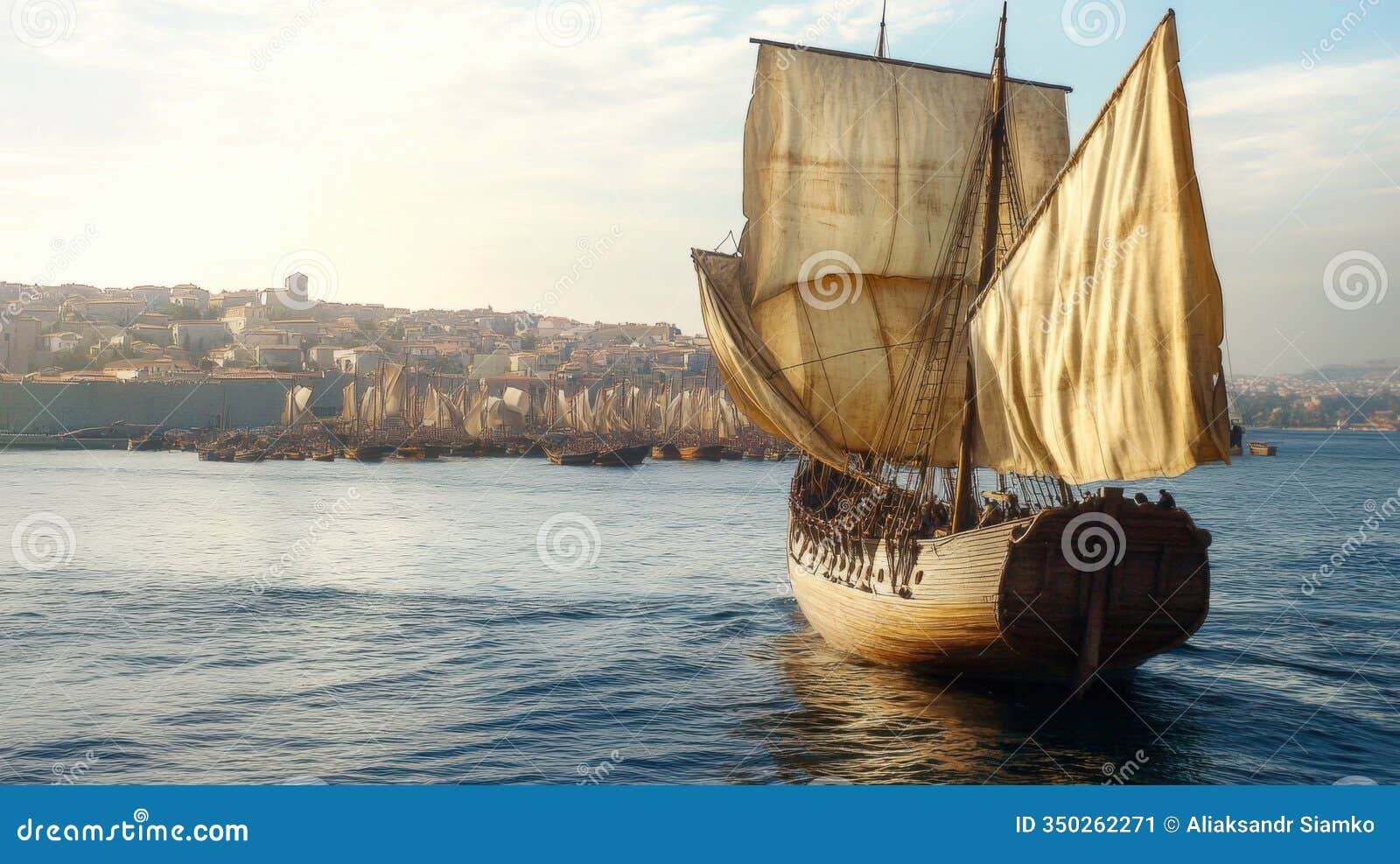 Medieval Merchant Ship with Billowing Sails Approaching a Busy Port ...