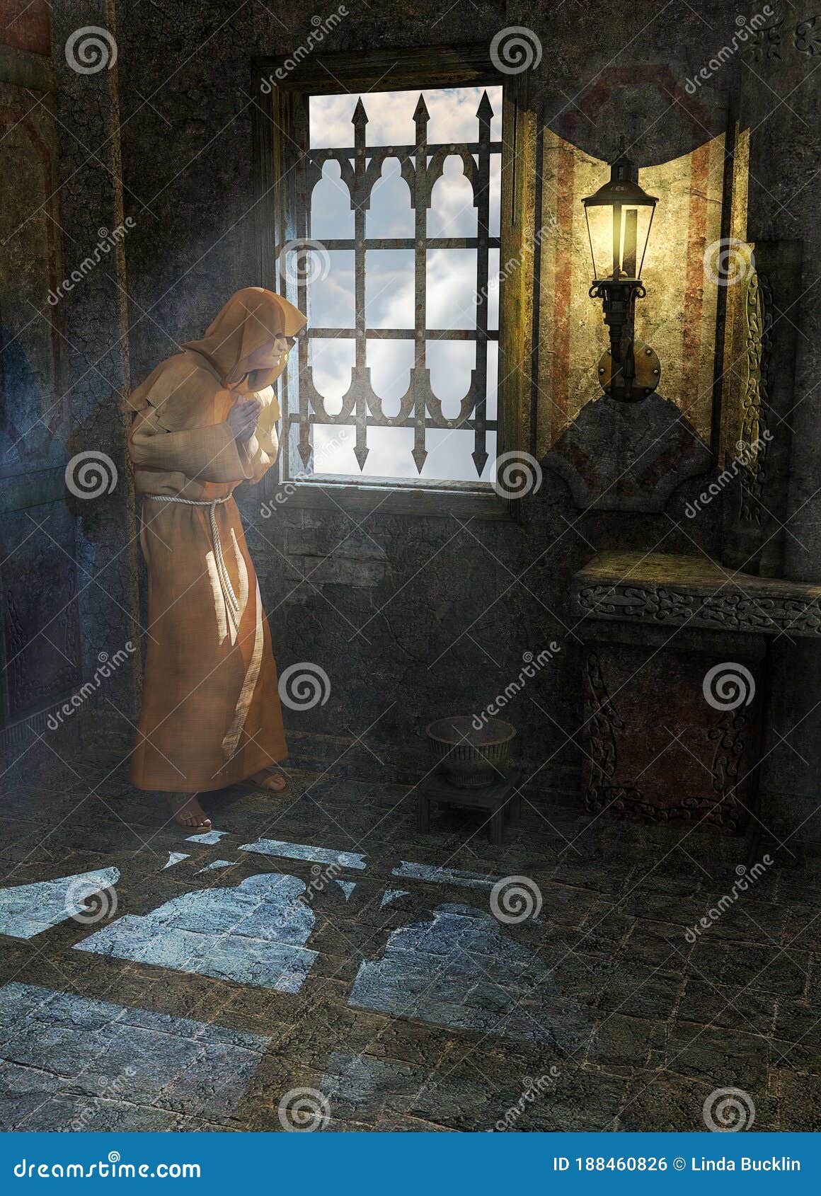 Medieval Monk Praying in Solitude Stock Illustration - Illustration of ...