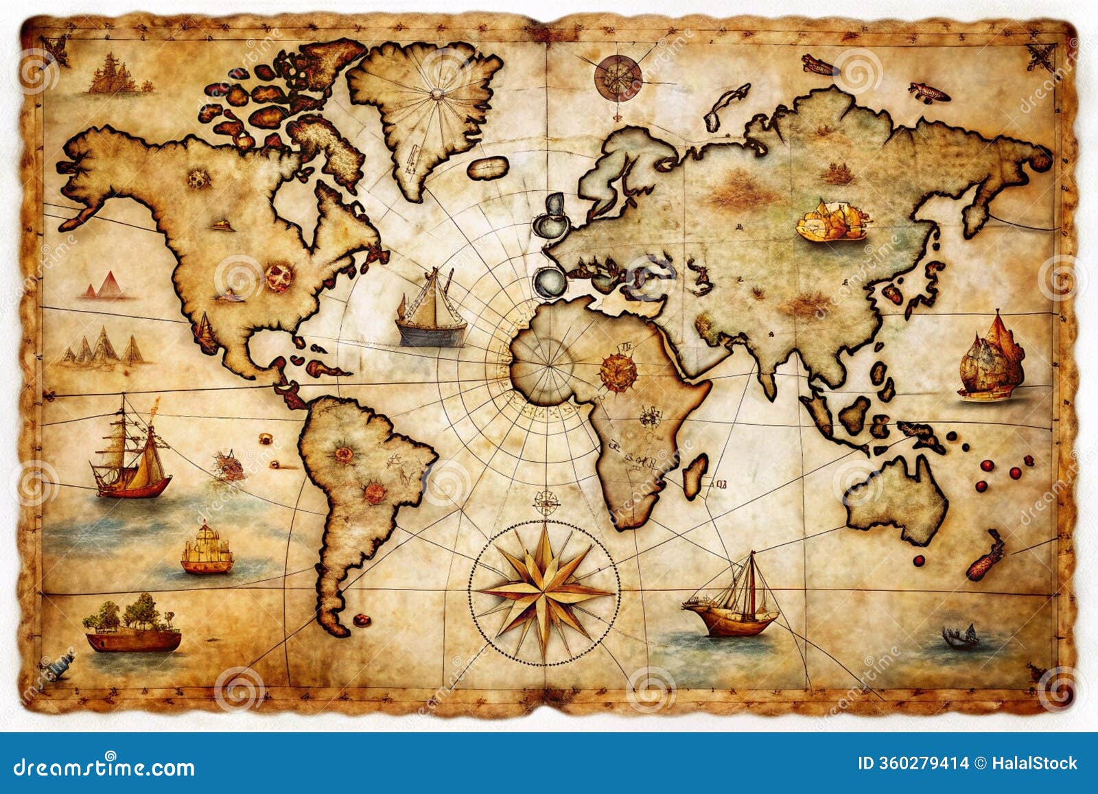Medieval Nautical or Pirates Map Stock Illustration - Illustration of ...