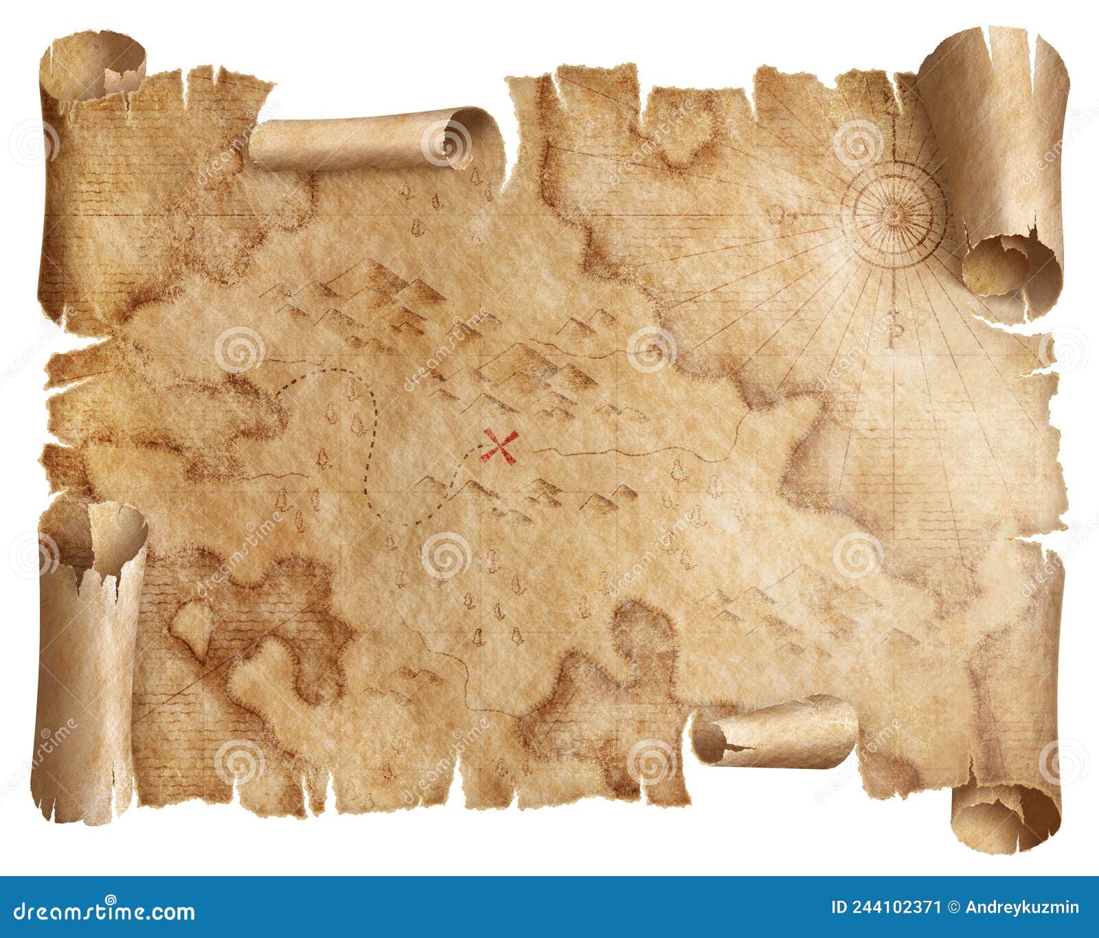 Old Treasures Map Scroll Isolated Stock Image - Image of paper, compass ...