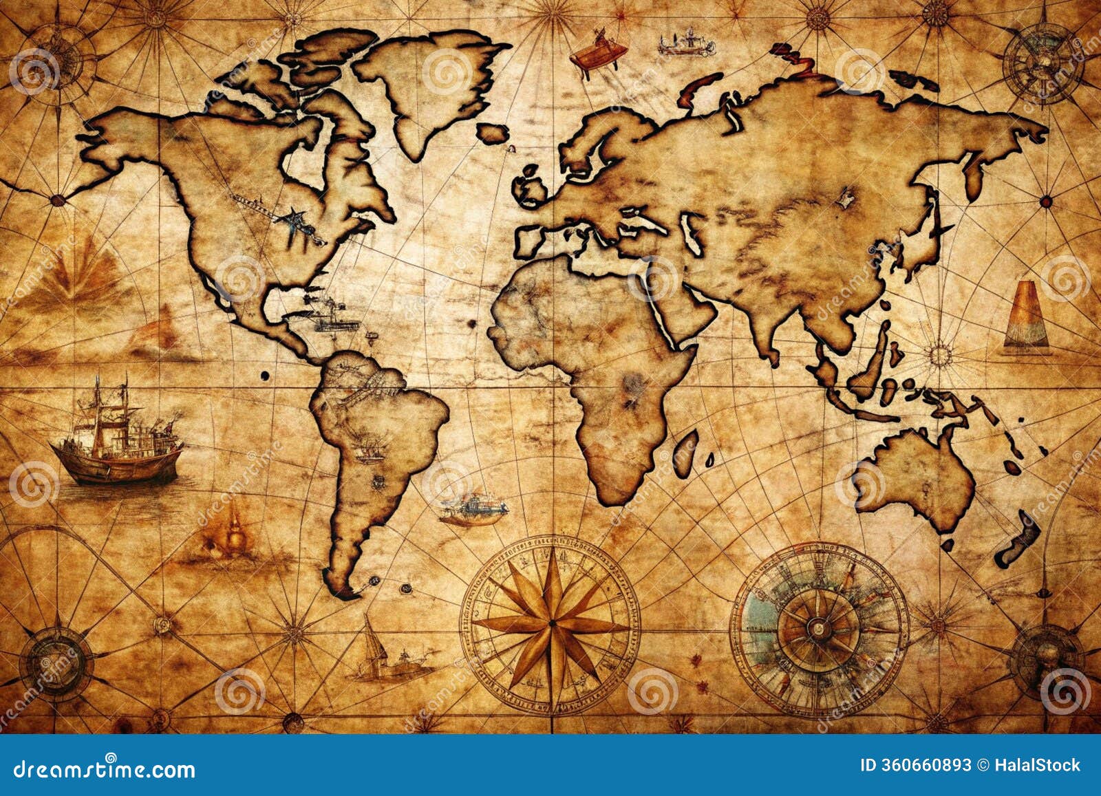 Medieval Old Nautical Map Background Stock Illustration - Illustration ...