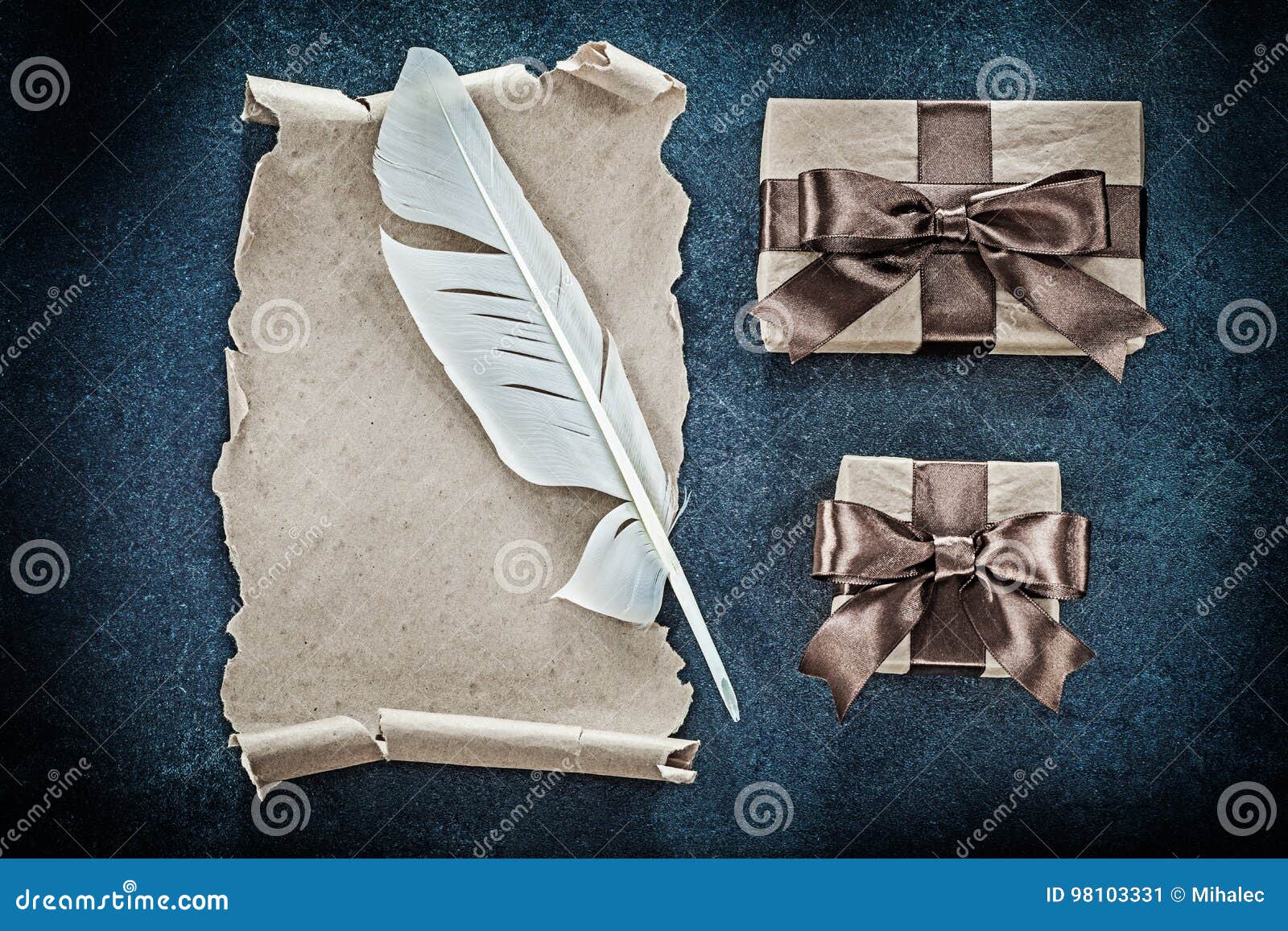 Medieval Paper Scroll Plume Present Box On Black Background Stock Image ...