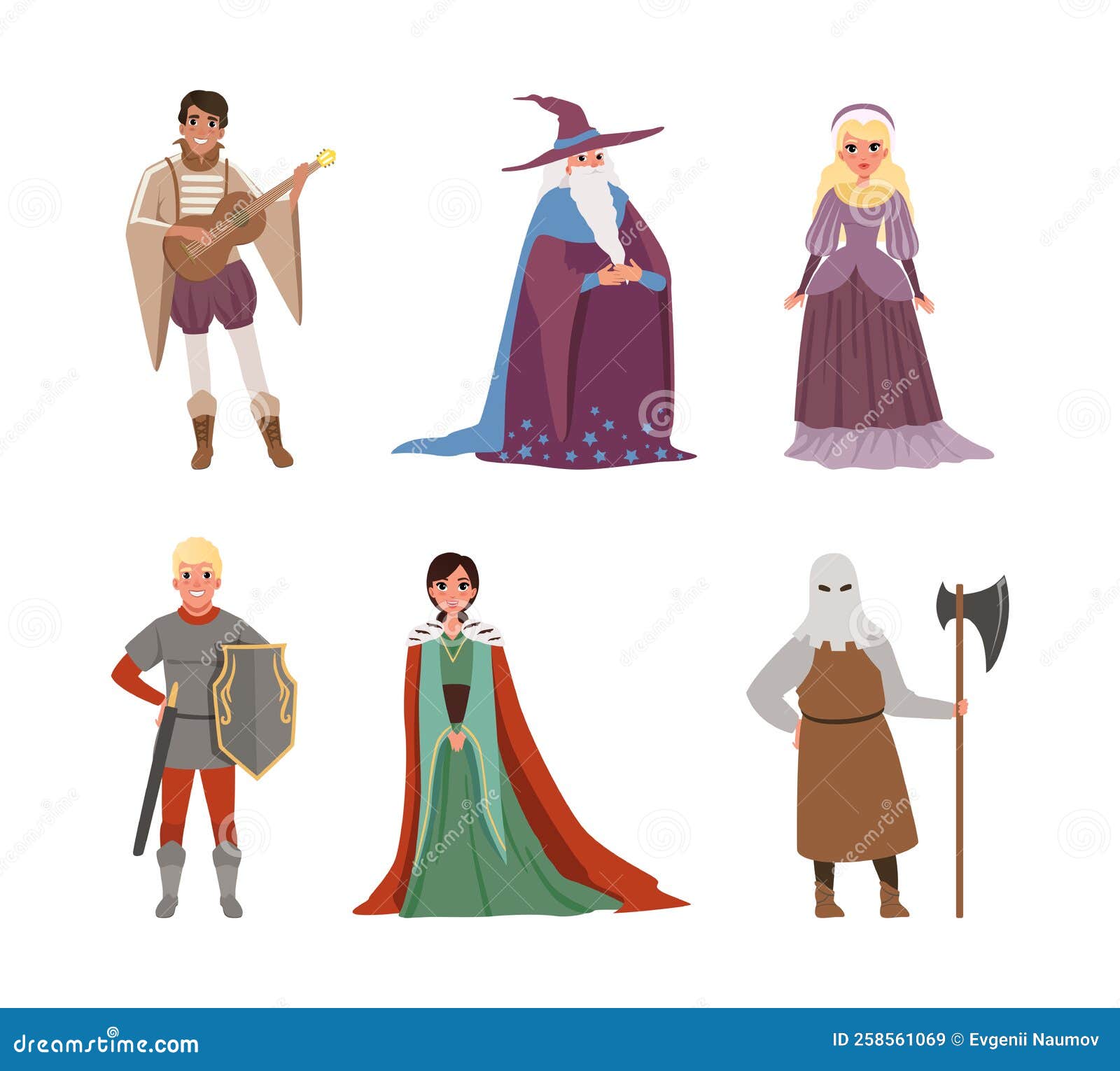 Medieval People Characters with Bard, Wizard, Queen and Executioner in ...
