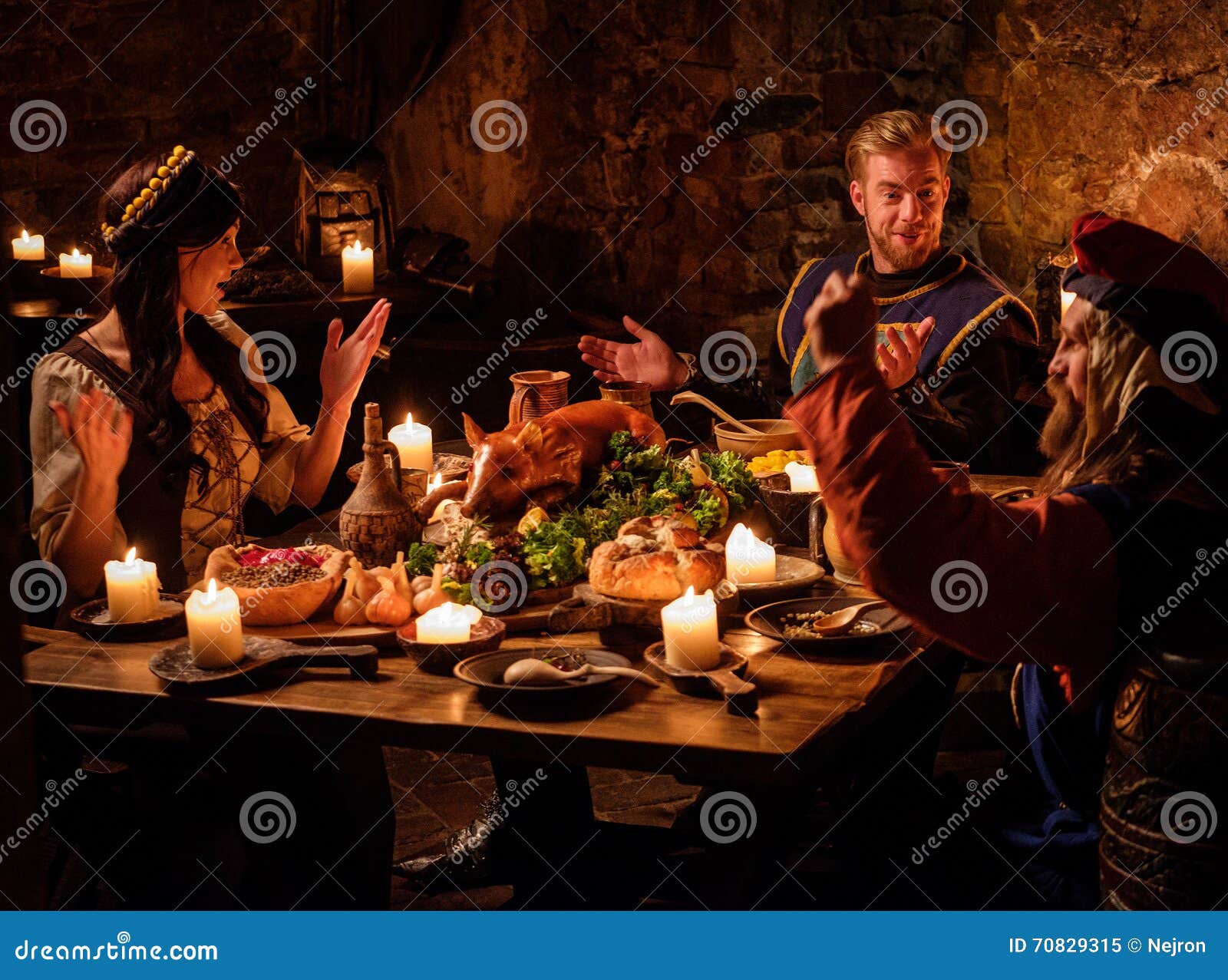 Medieval People Eat and Drink in Ancient Castle Kitchen Interior. Stock ...