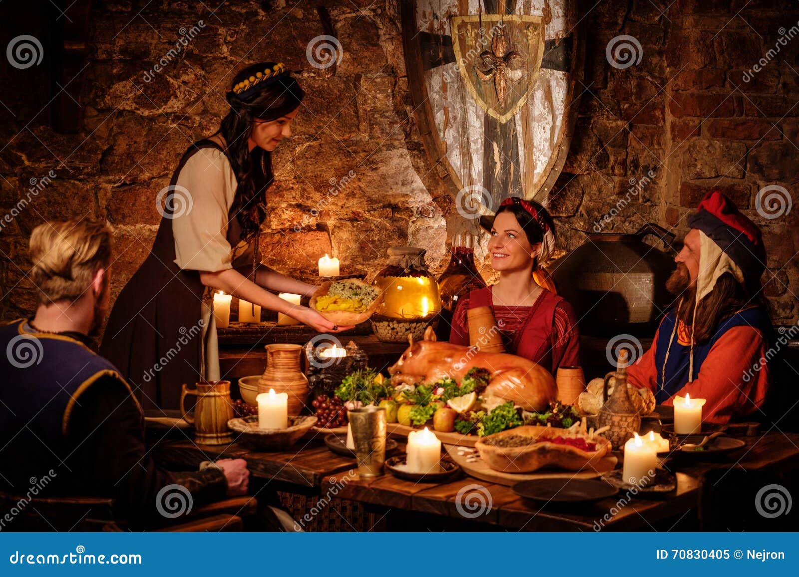 Medieval People Eat and Drink in Ancient Castle Kitchen Interior. Stock ...