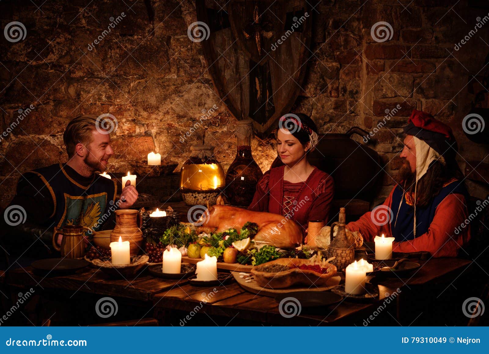 Medieval People Eat and Drink in Ancient Castle Kitchen Interior Stock ...