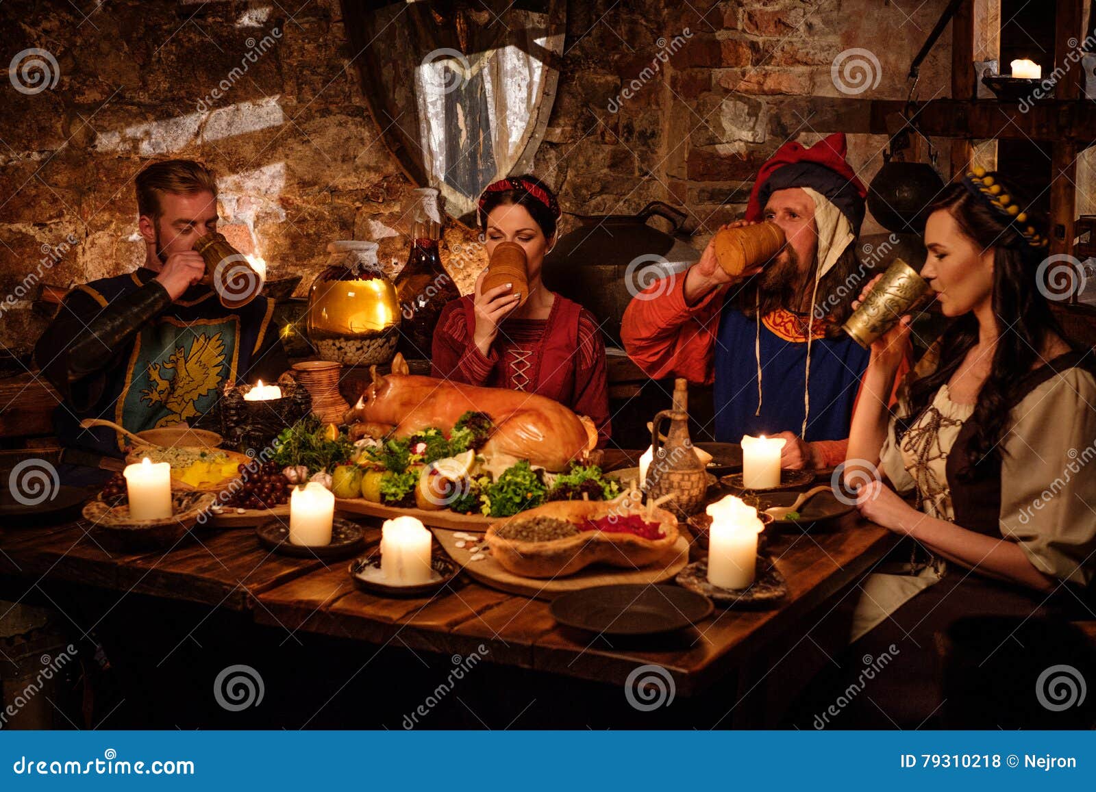 Medieval People Eat and Drink in Ancient Castle Kitchen Interior Stock ...