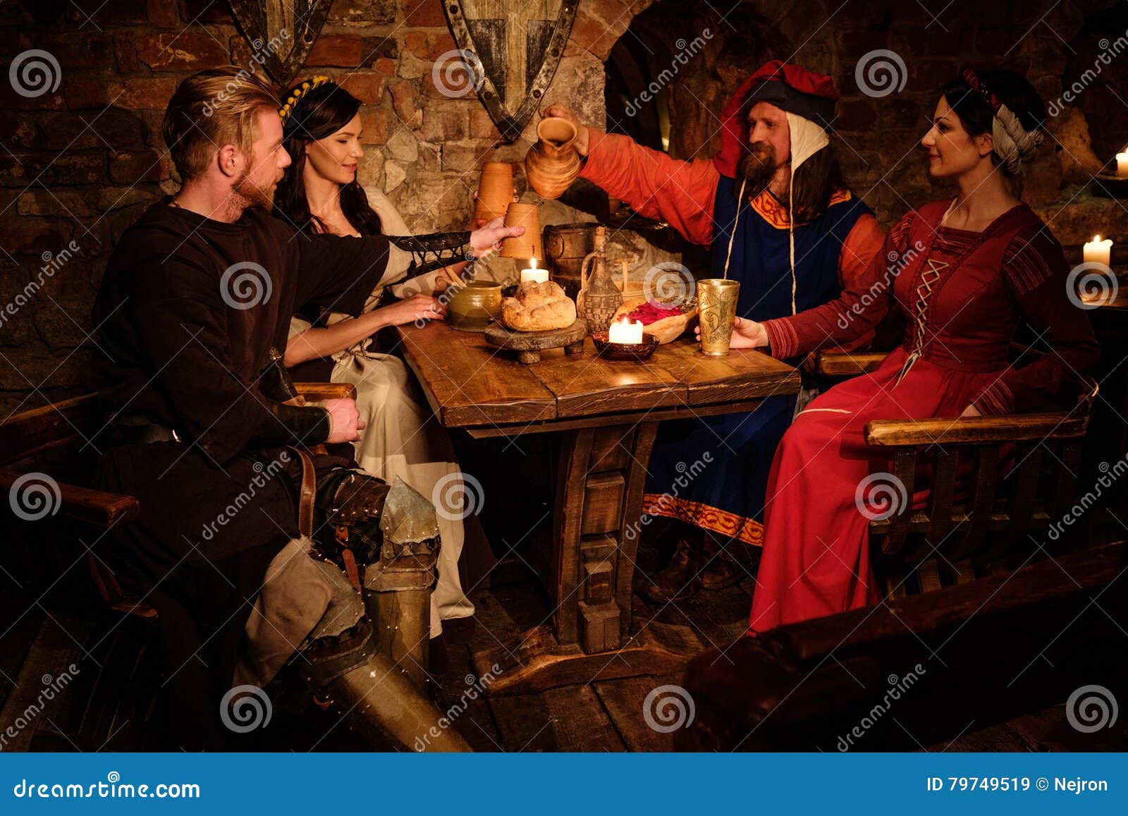 Medieval People Eat and Drink in Ancient Castle Tavern Stock Image ...