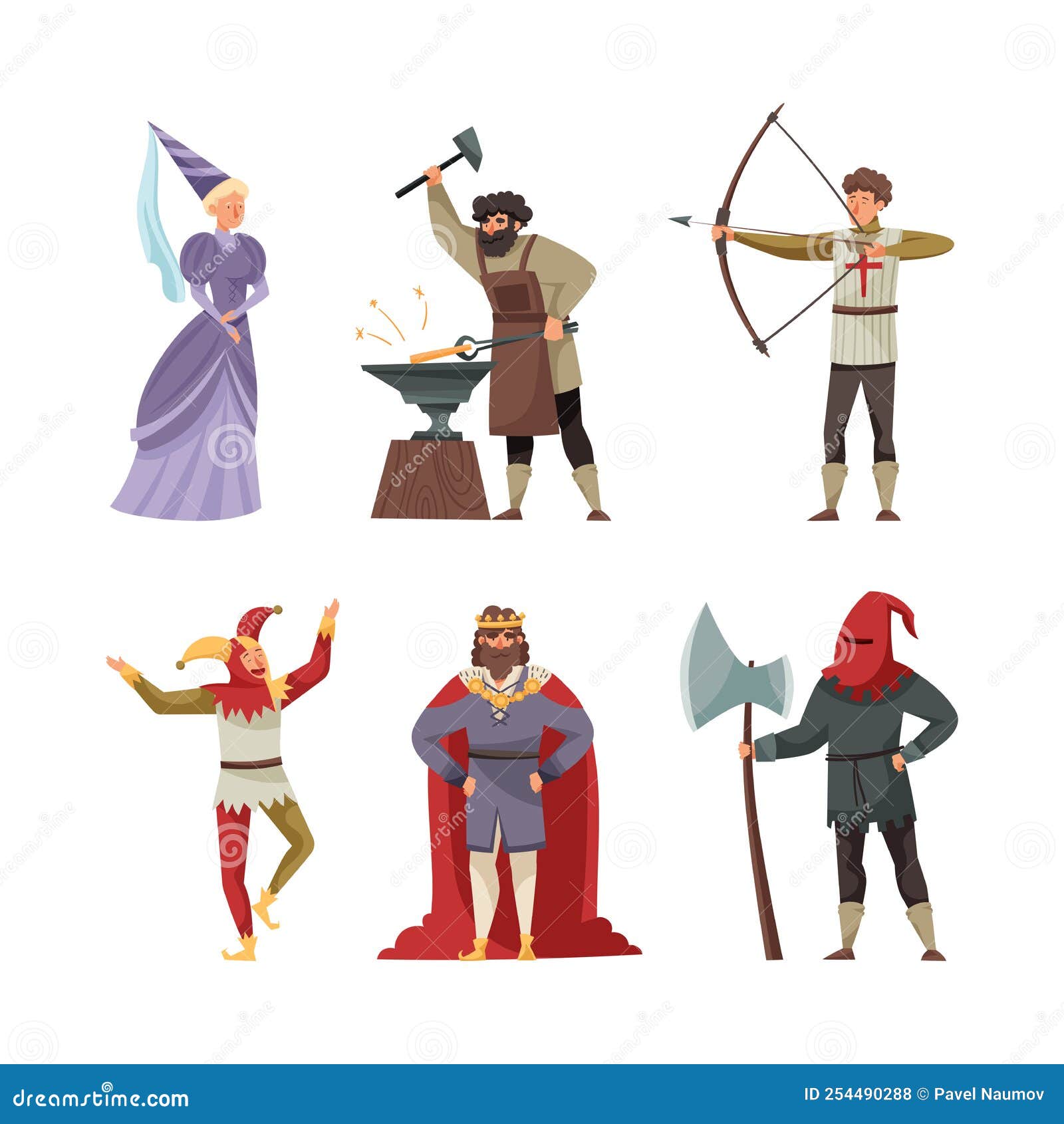 Medieval People Set Maid Of Honor Blacksmith Archer Jester King Executioner Cartoon Vector