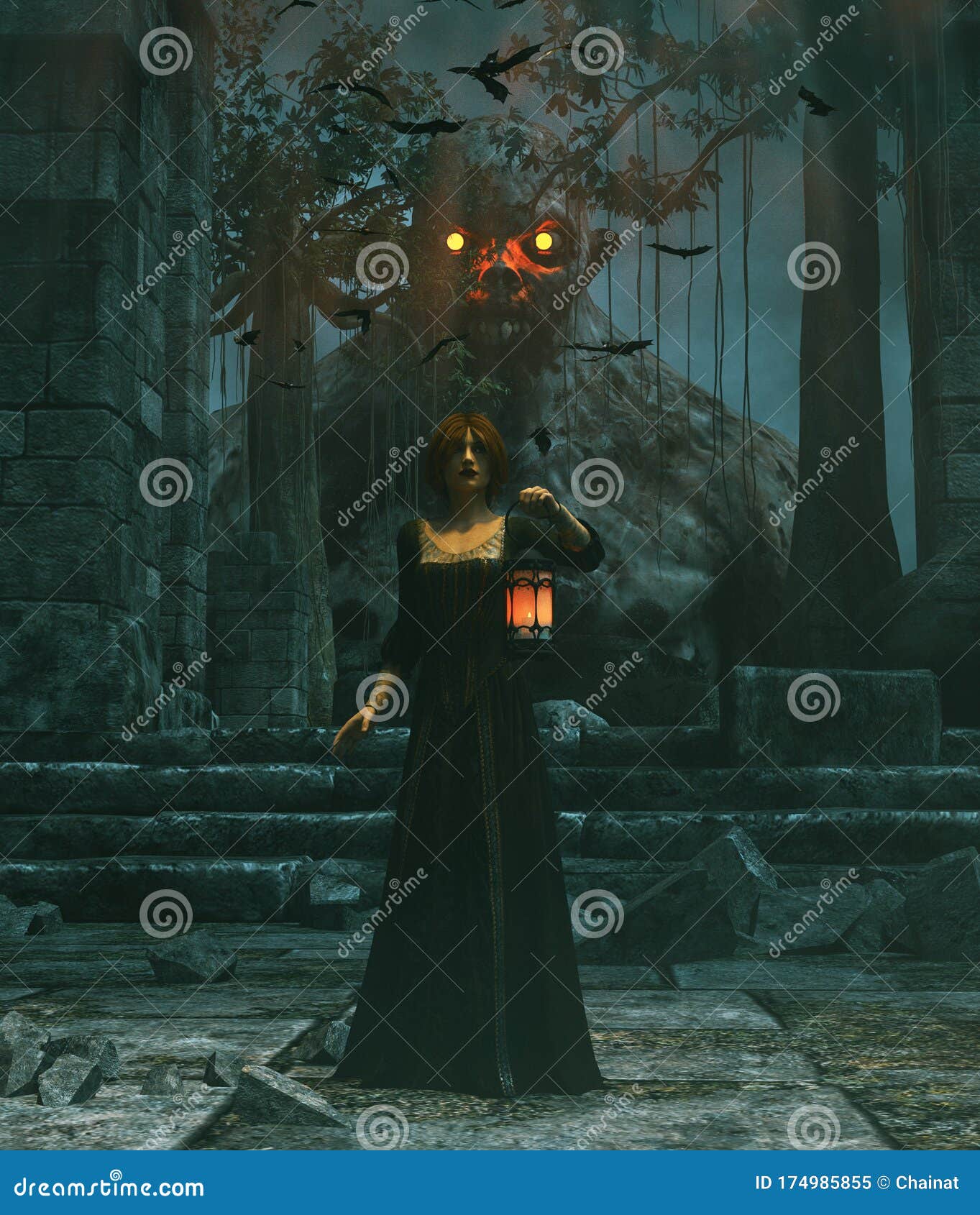 Medieval Princess with Lantern at Night Haunted by the Undead Stock ...