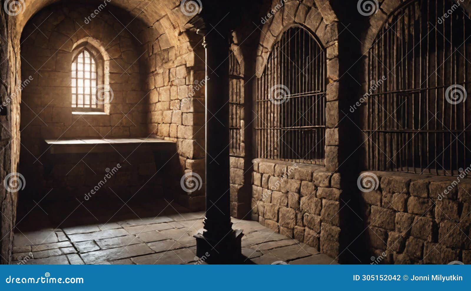 Medieval Prison Cells, Creepy Dungeon, Dim Lights. Stock Illustration ...
