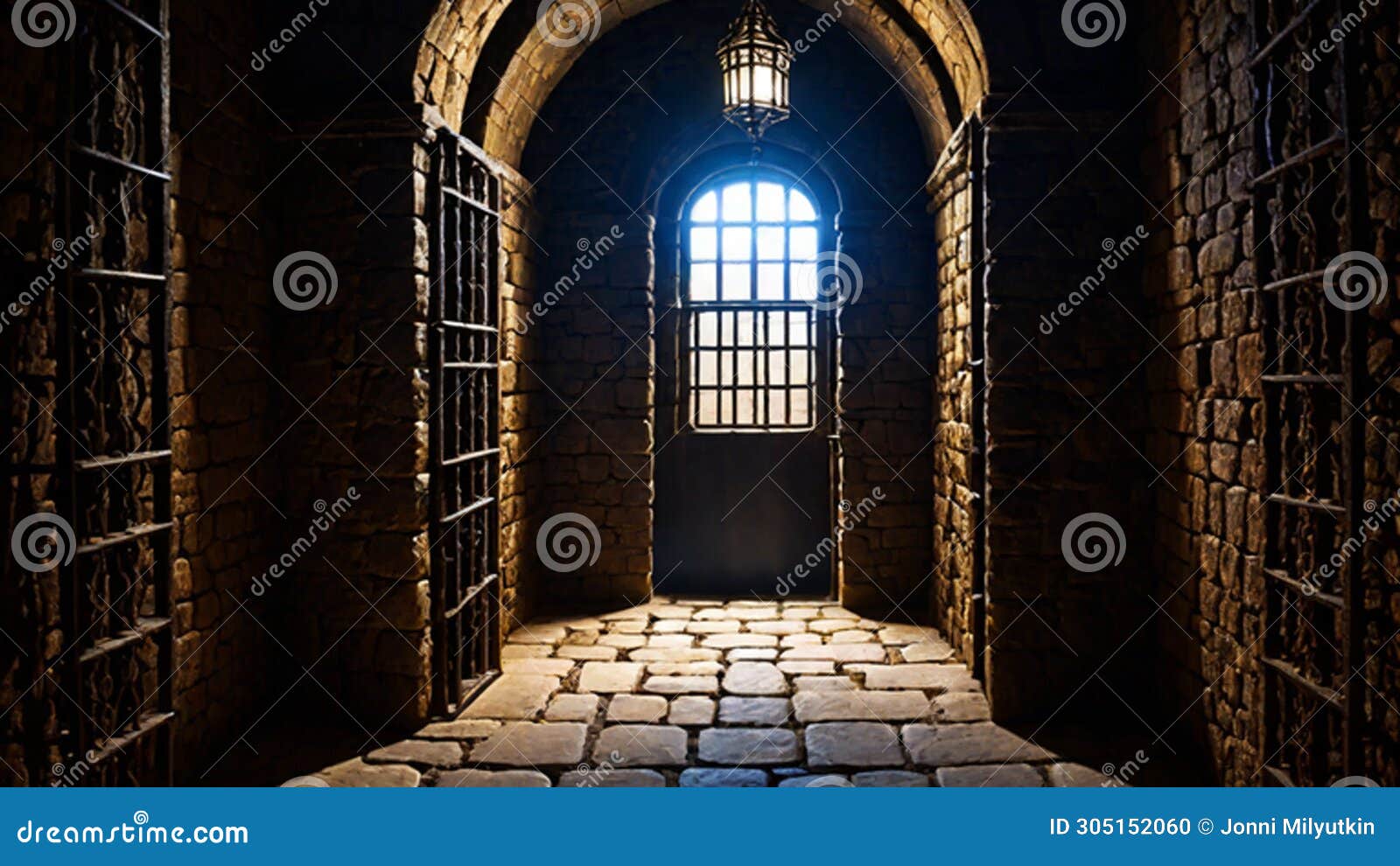Medieval Prison Cells, Creepy Dungeon, Dim Lights. Stock Illustration ...