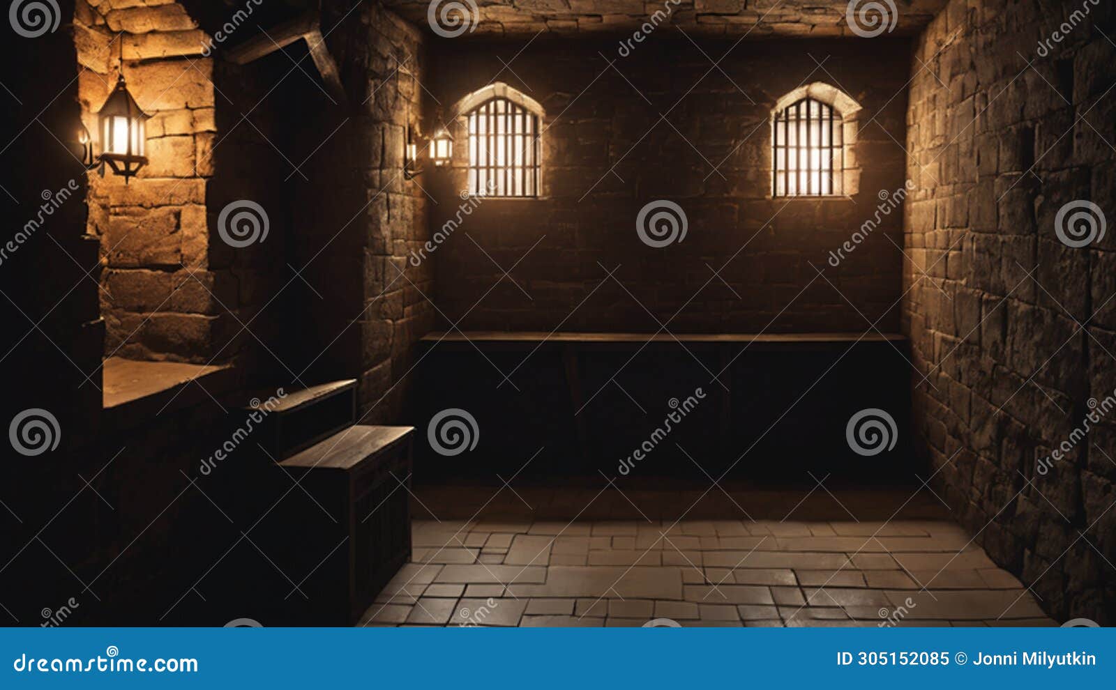 Medieval Prison Cells, Creepy Dungeon, Dim Lights. Stock Illustration ...