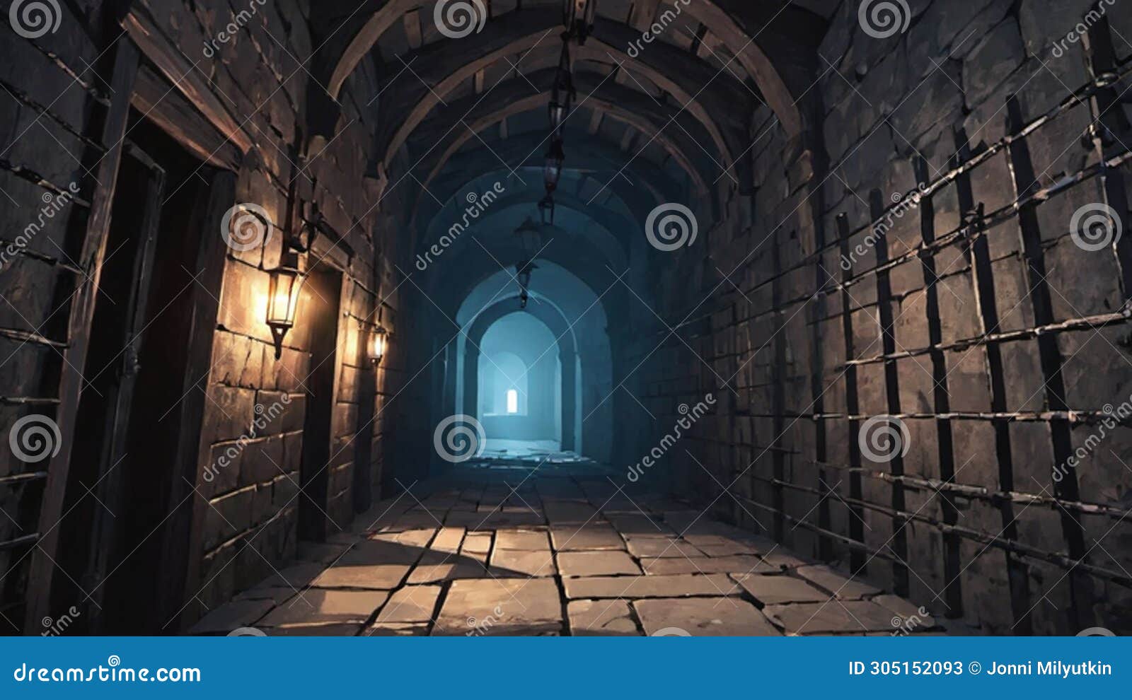 A Creepy Dungeon With A Threaten Skeleton. Stock Photo | CartoonDealer ...