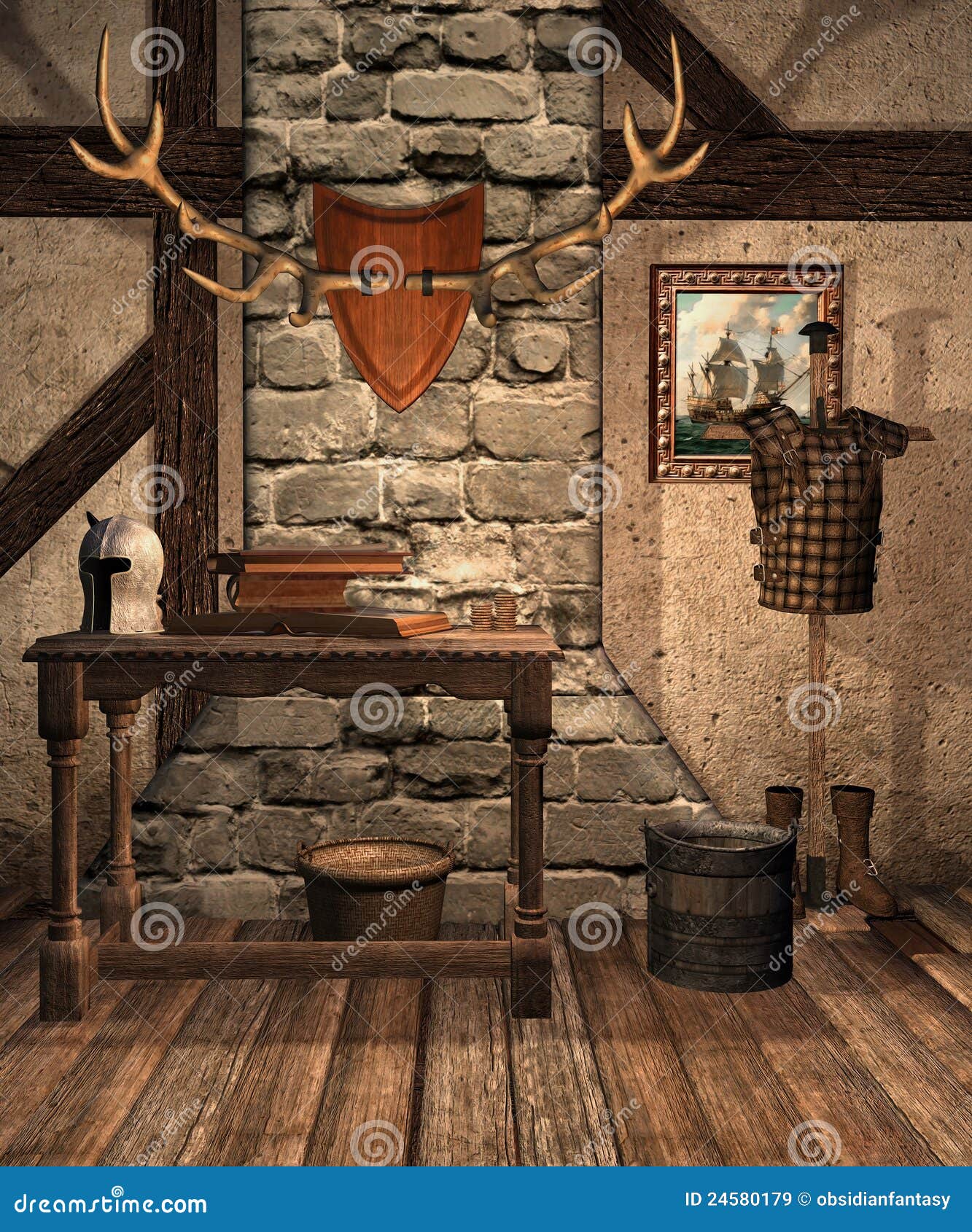 Medieval Room with Old Objects Stock Illustration - Illustration of ...
