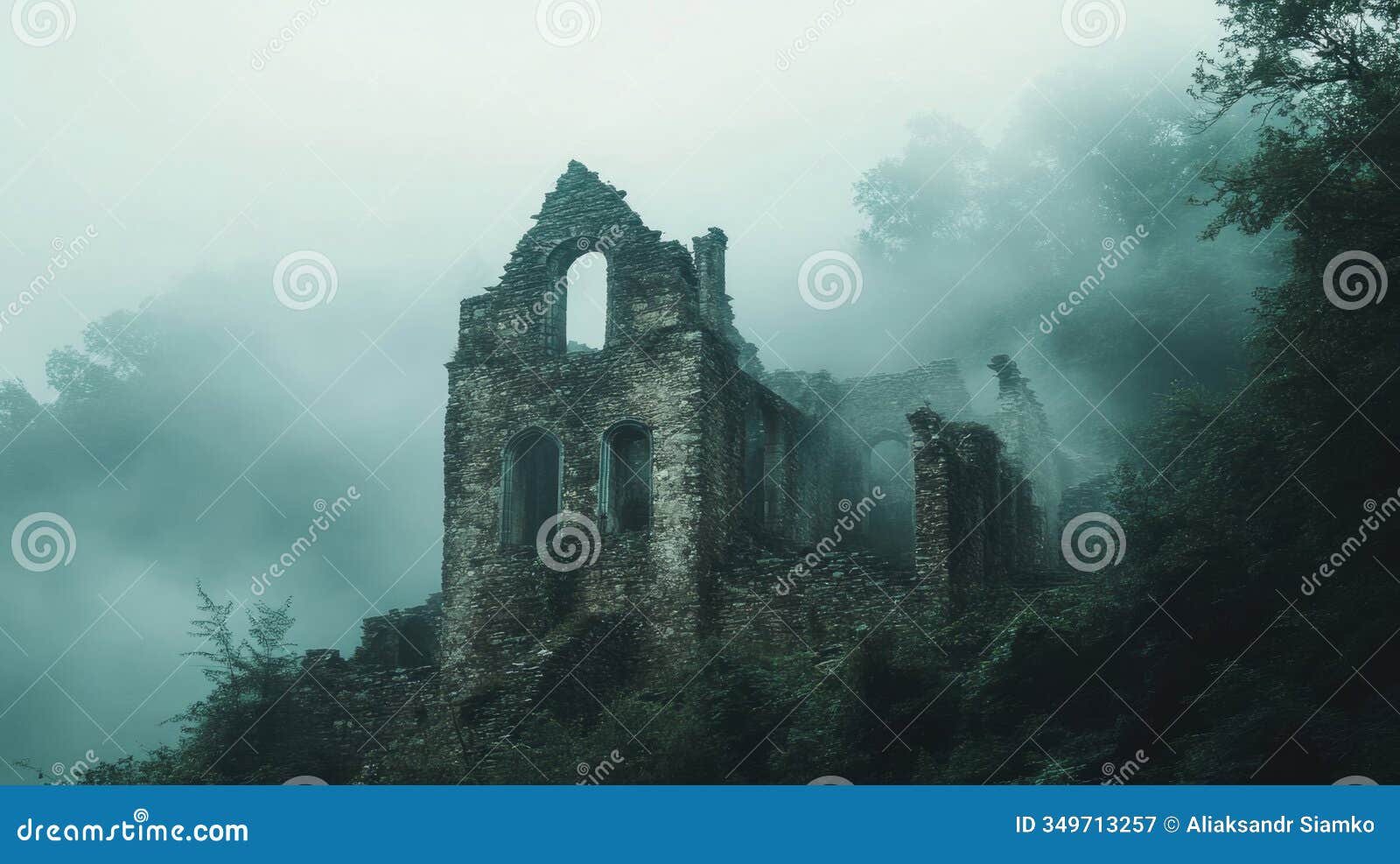 Medieval Ruins Shrouded in Fog at the Edge of a Dense Forest Stock ...