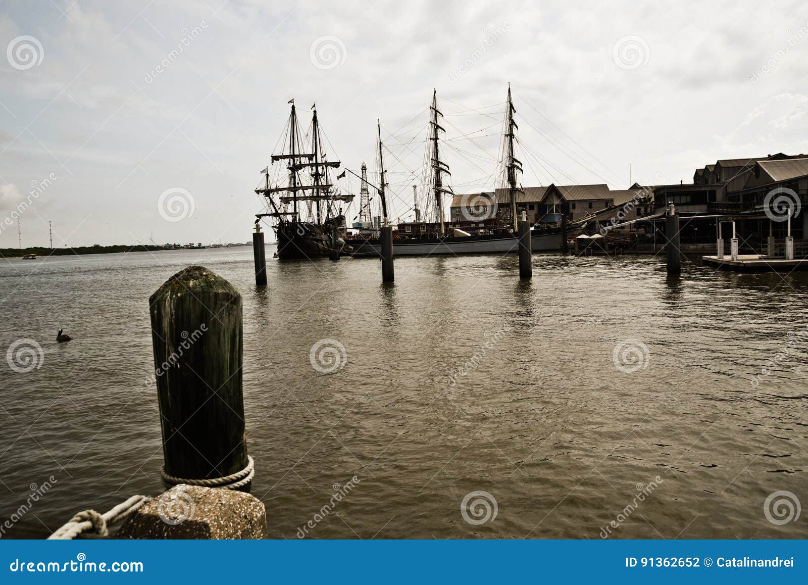 Medieval Sailing Ships in Harbor Stock Photo - Image of navy, pier ...