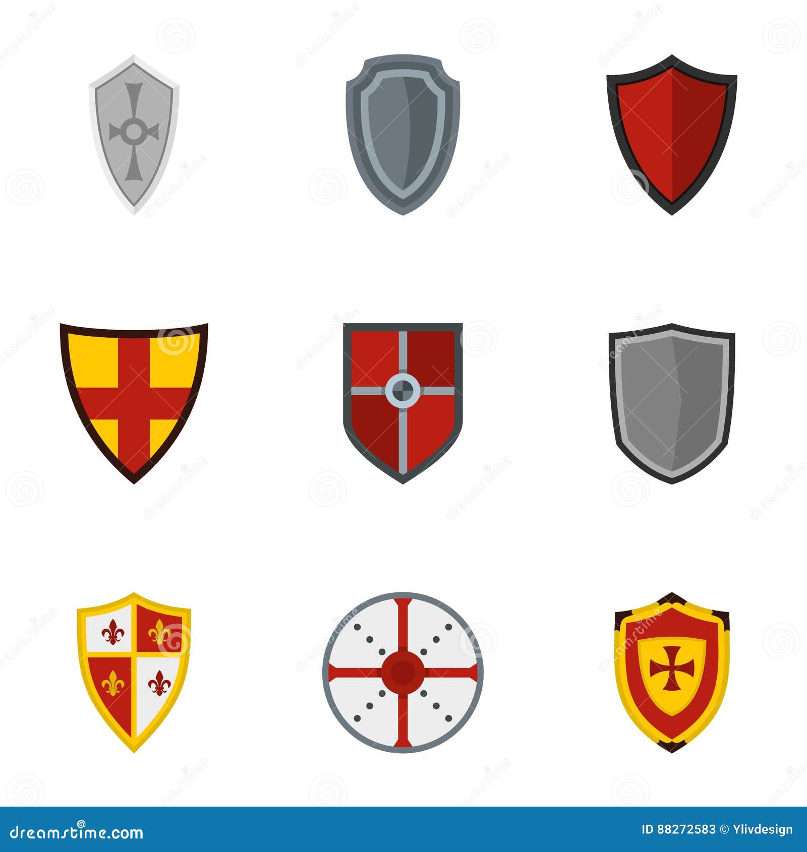 Medieval Shield Icons Set, Flat Style Stock Vector - Illustration of ...