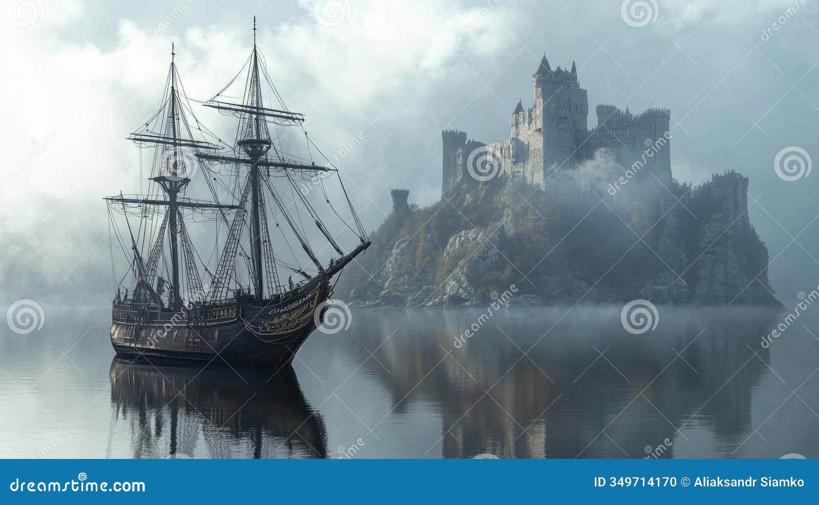Medieval Ship Anchored in a Calm Harbor with a Castle in the Background ...