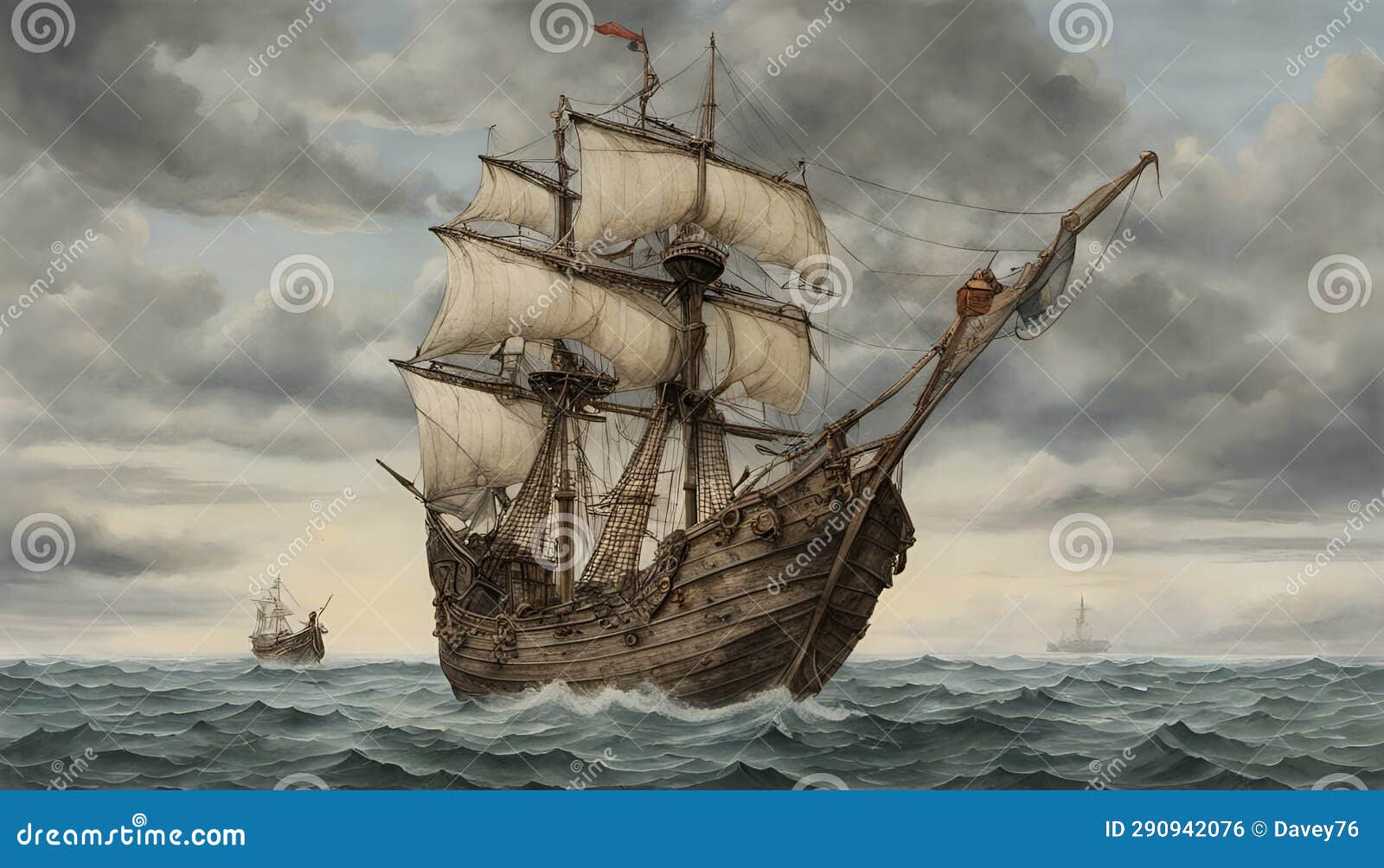 Medieval Ship at Sea without Crew Stock Illustration - Illustration of ...