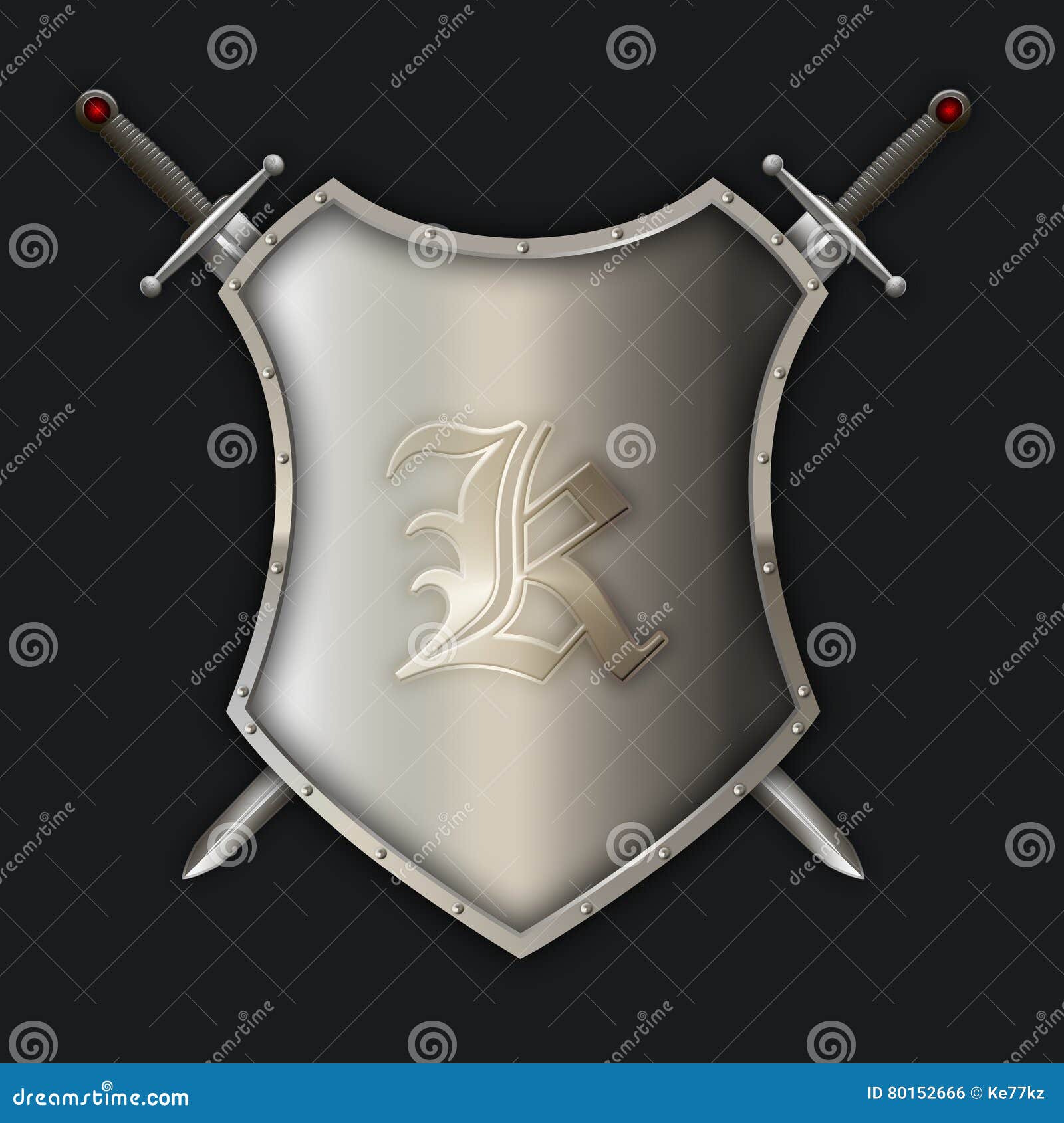 Medieval Silver Red Shield With Swords And Scroll Of Parchment. Stock ...